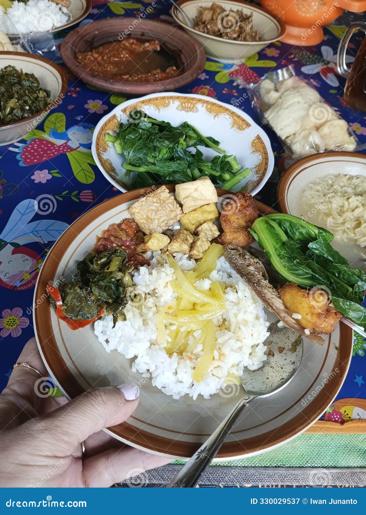 Rice with Vegetable Fried Salt Fish and Sambal Somewhere in Puspo Stock ...