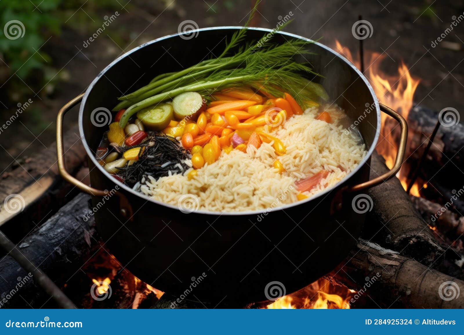 Rice and Vegetable Ingredients in a Pot, Ready To Cook Over Campfire ...