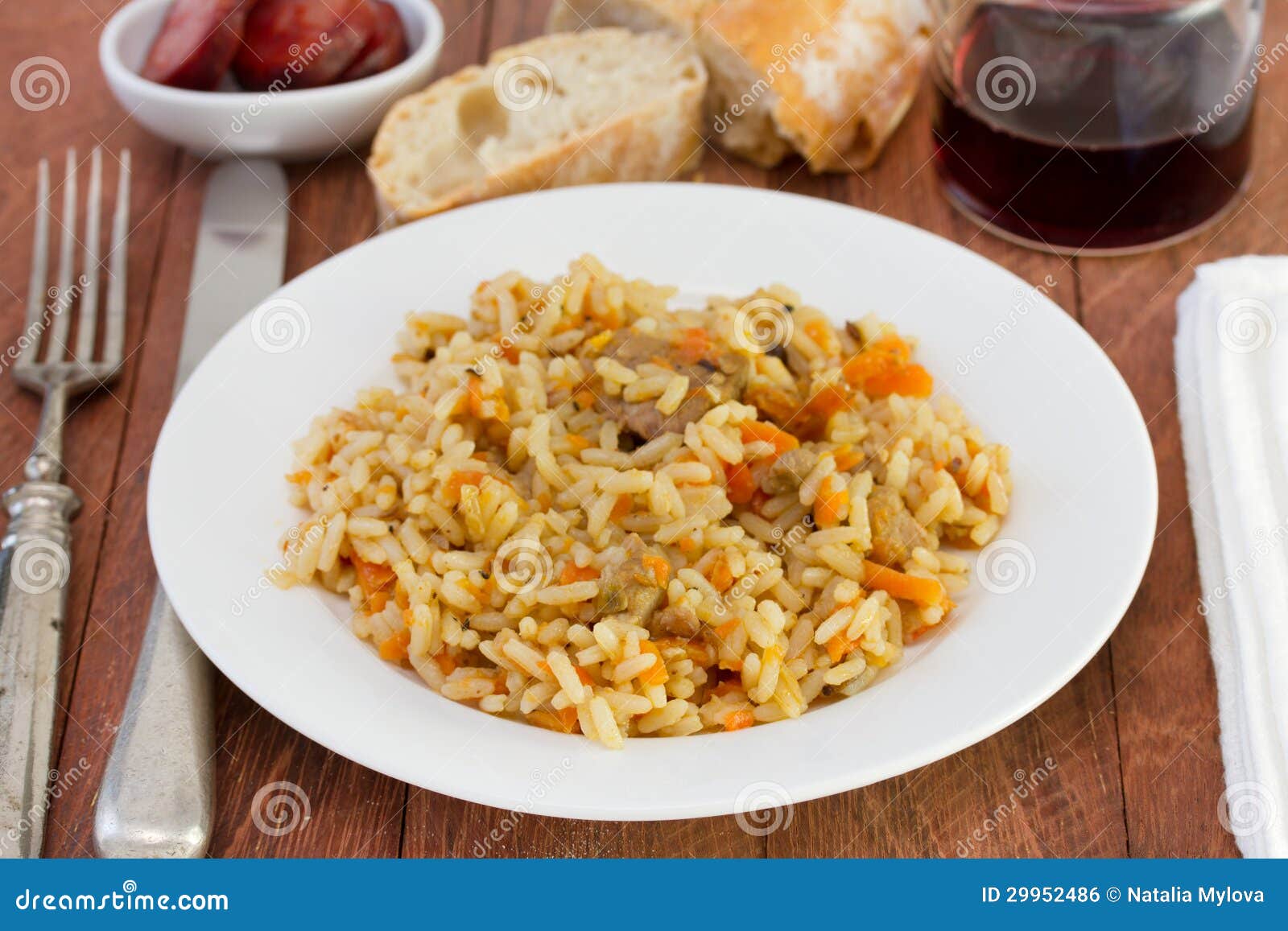 Rice with Vegetables and Meat Stock Photo - Image of sausages, meal ...