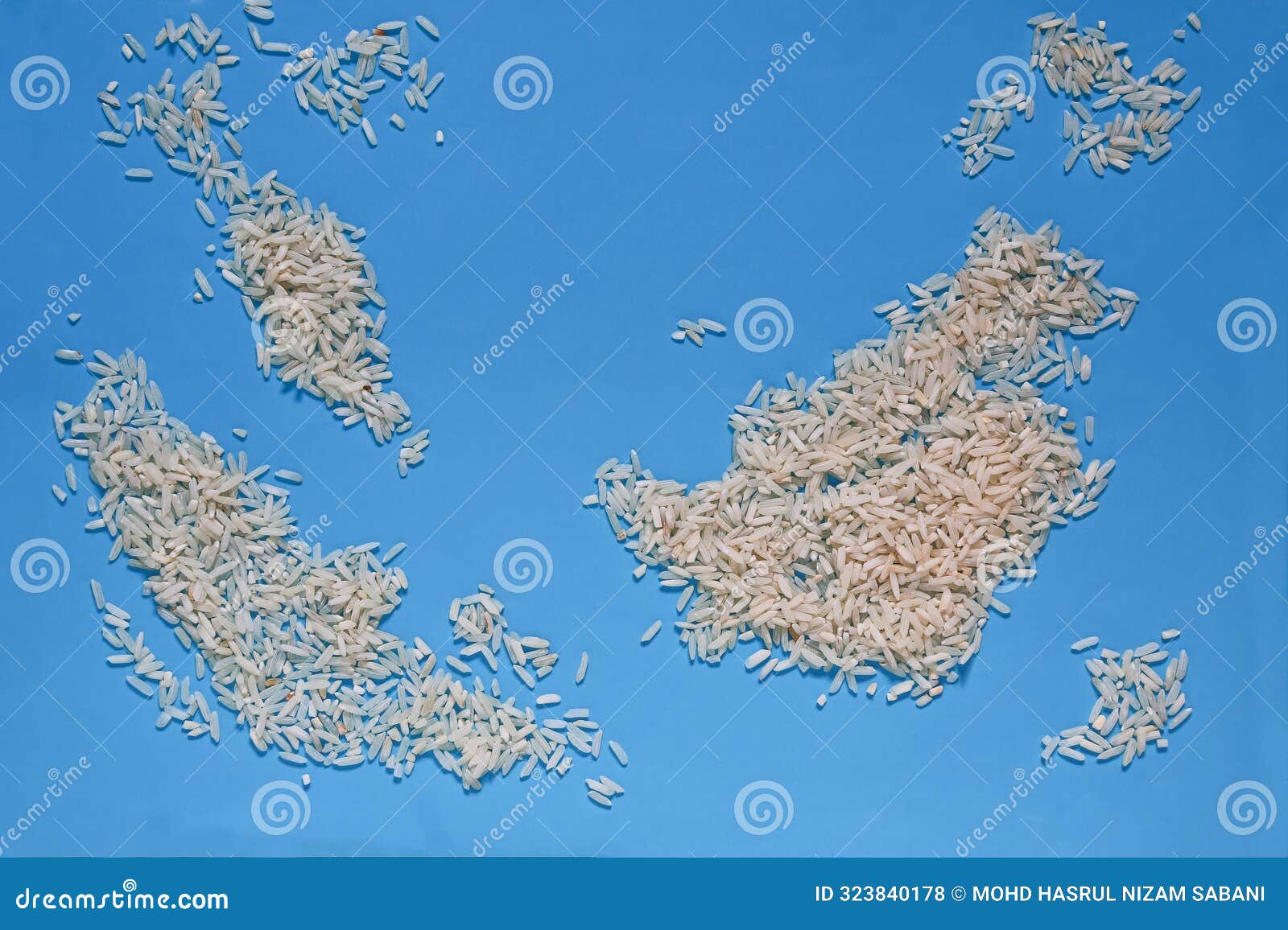 Rice in a Visual Form Such As a Map of Malaysia with a Blue Background ...