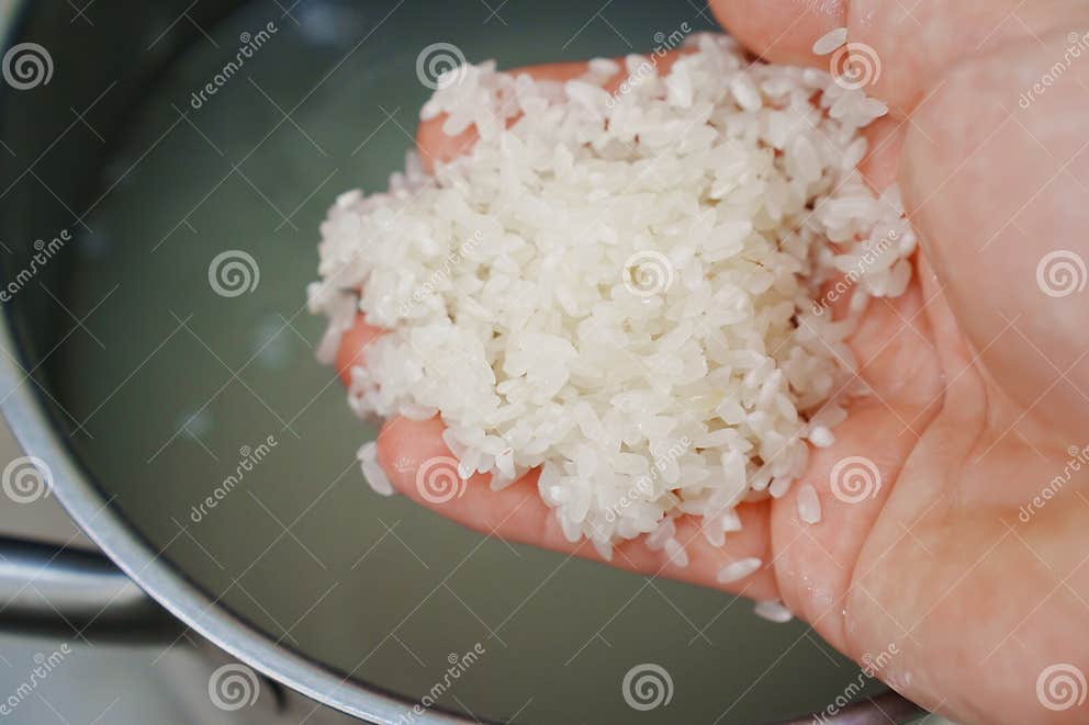 Rice is Washed in a Saucepan before Cooking. Stock Image - Image of ...