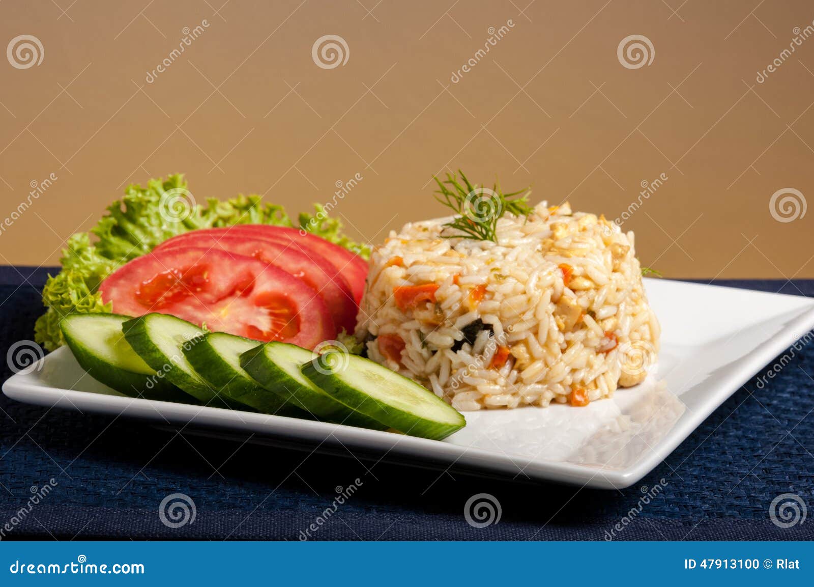 Rice on white plate stock photo. Image of diet, lettuce - 47913100