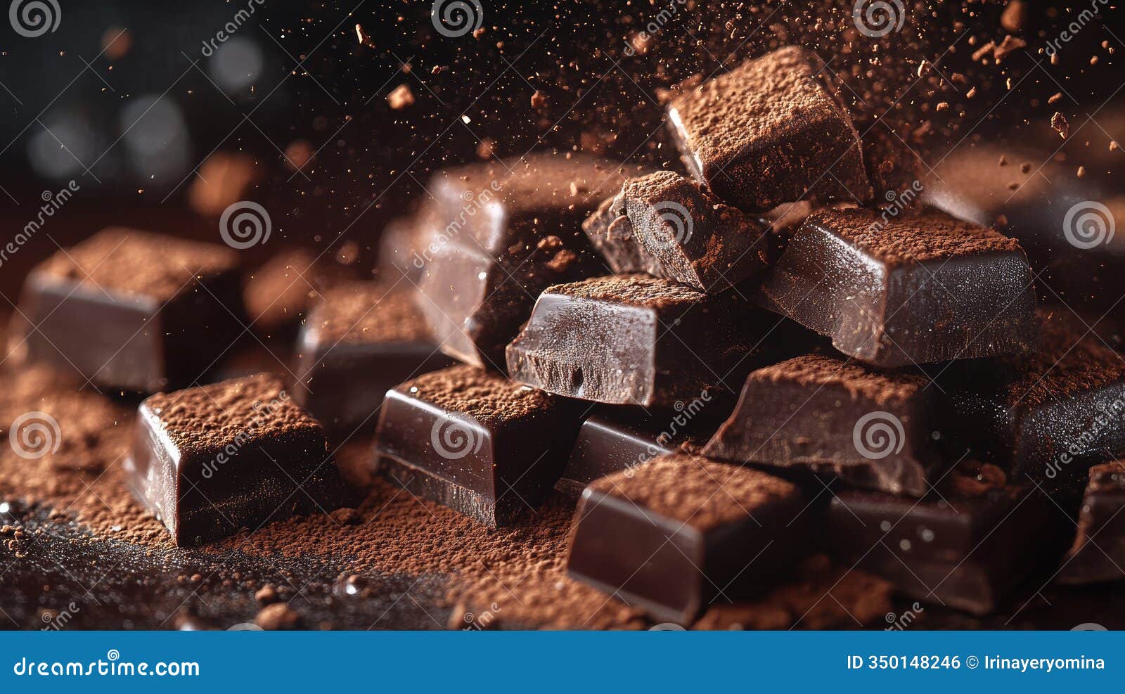 Rich Dark Chocolate Squares Dusted with Cocoa Powder, Captured Mid ...