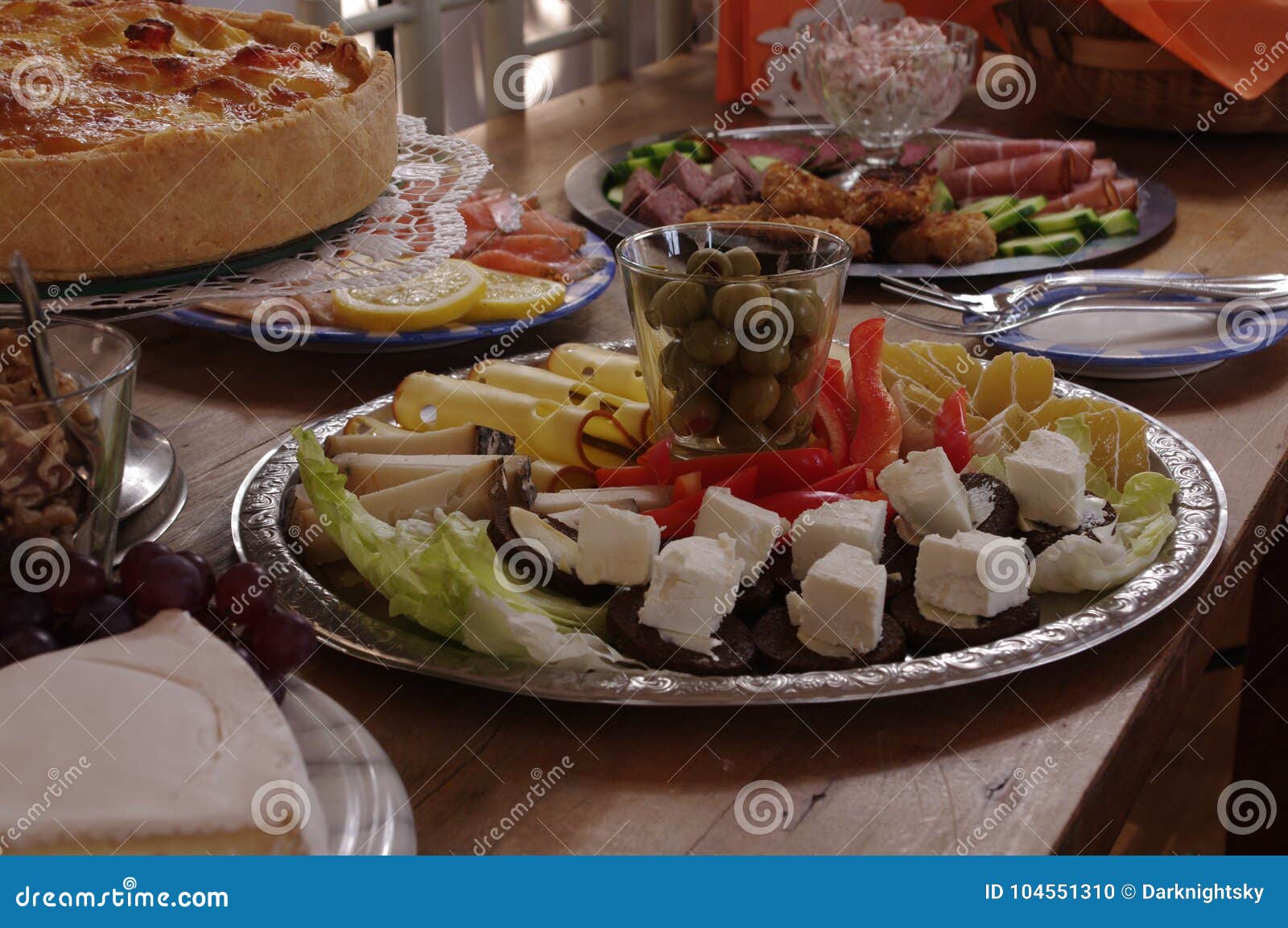 Rich Decorated Buffet Food Table Med Olika Plattor Arkivfoto - Bild av ...