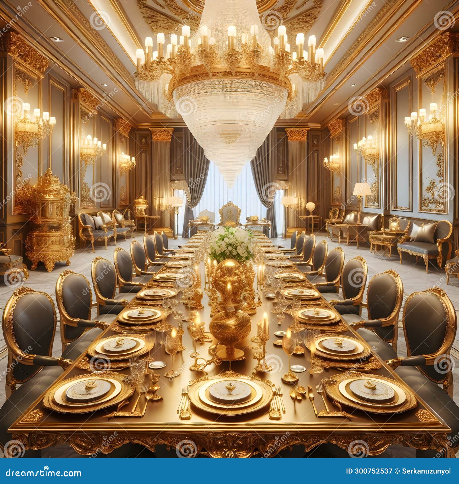 Rich Dinner Table Room. Everything Made of Gold, Big Table for Stock ...