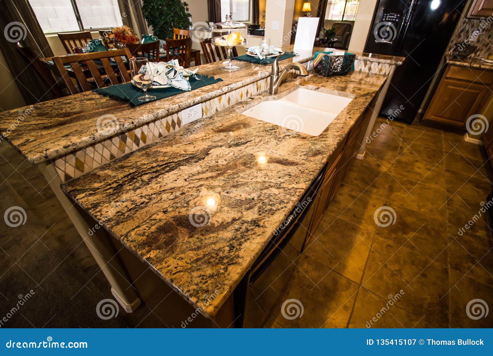 Rich Marble Counter Island in Modern Kitchen Stock Image - Image of ...