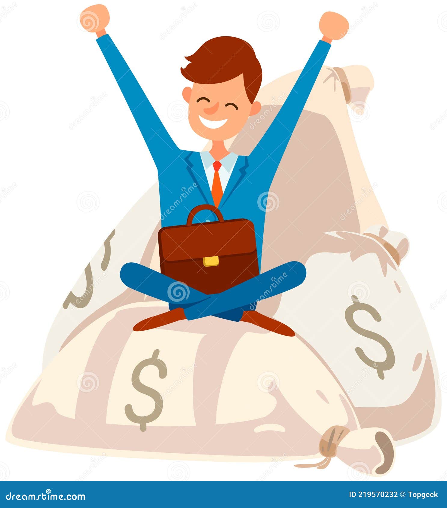 Rich Successful Businessman Sitting On Pile Of Money Bags With