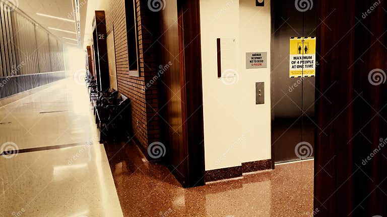 County Courthouse Interior Elevator Hallway and Seating Benches Stock ...