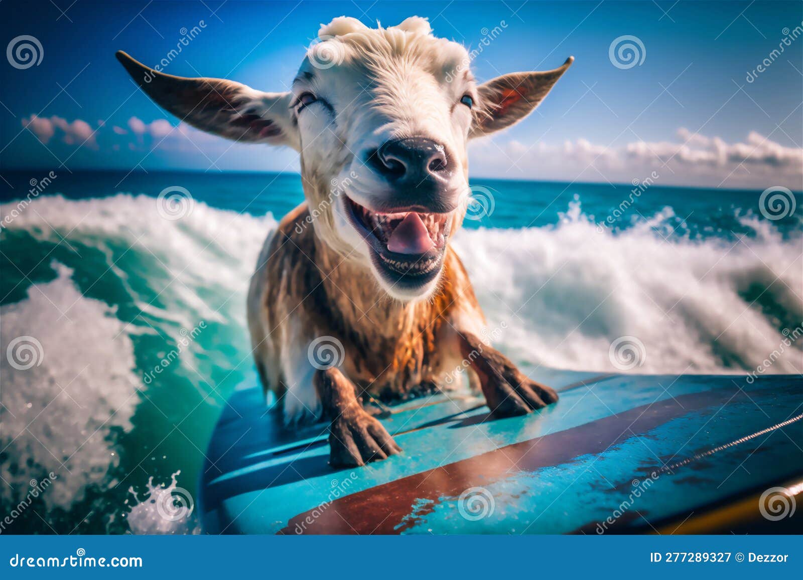 Ride Goat Smiling with Tongue on a Surfboard on the Waves. Generative ...