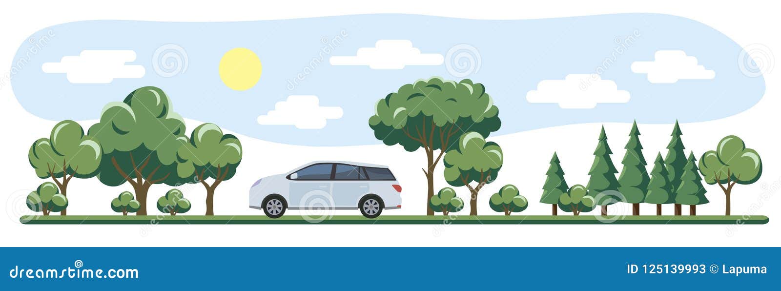 The Car Rides Along the Road Past the Trees Stock Vector - Illustration ...