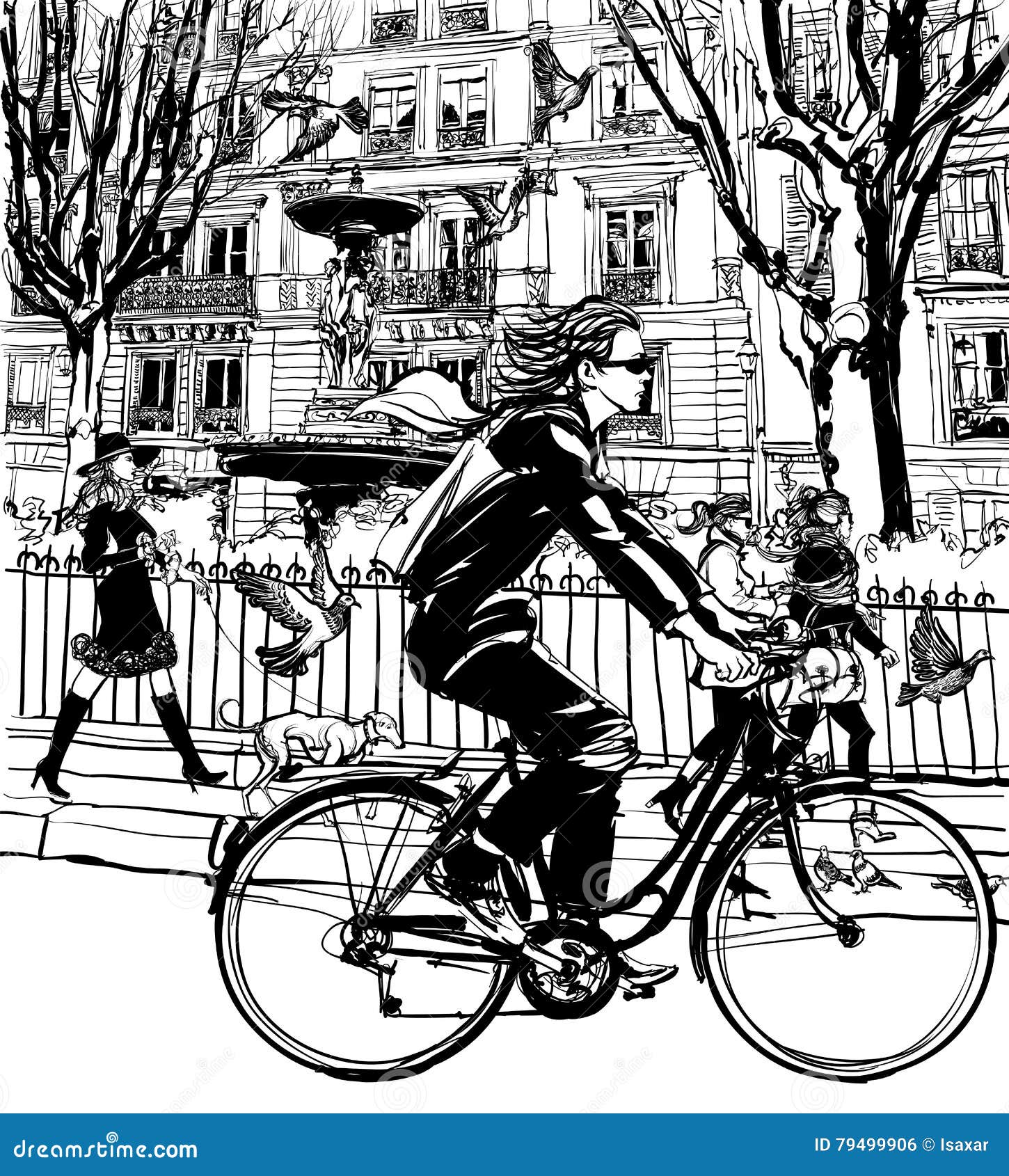 Riding bicycle in Paris stock vector. Illustration of artwork - 79499906