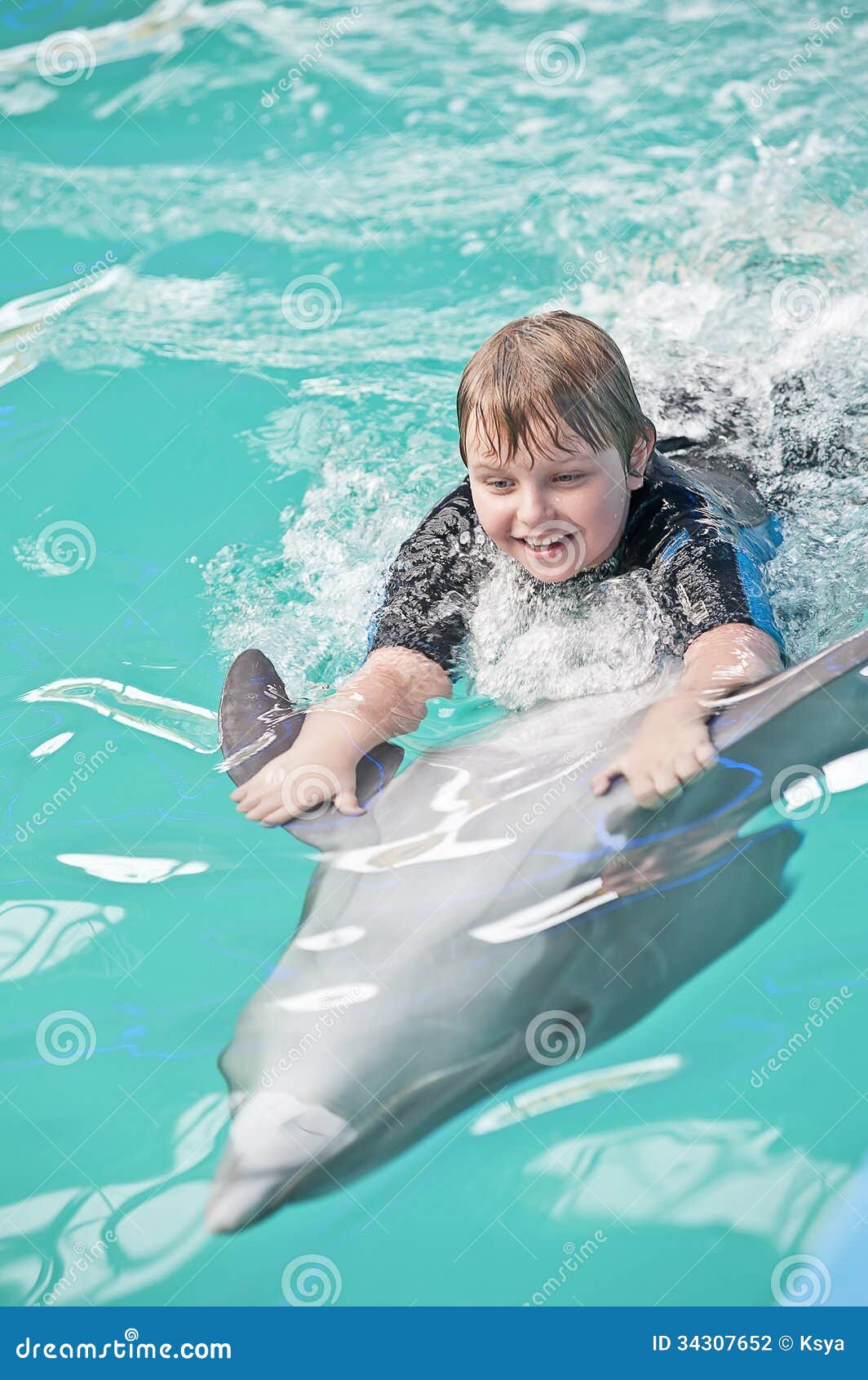 Riding on a dolphin 2 stock photo. Image of blue, attractive - 34307652