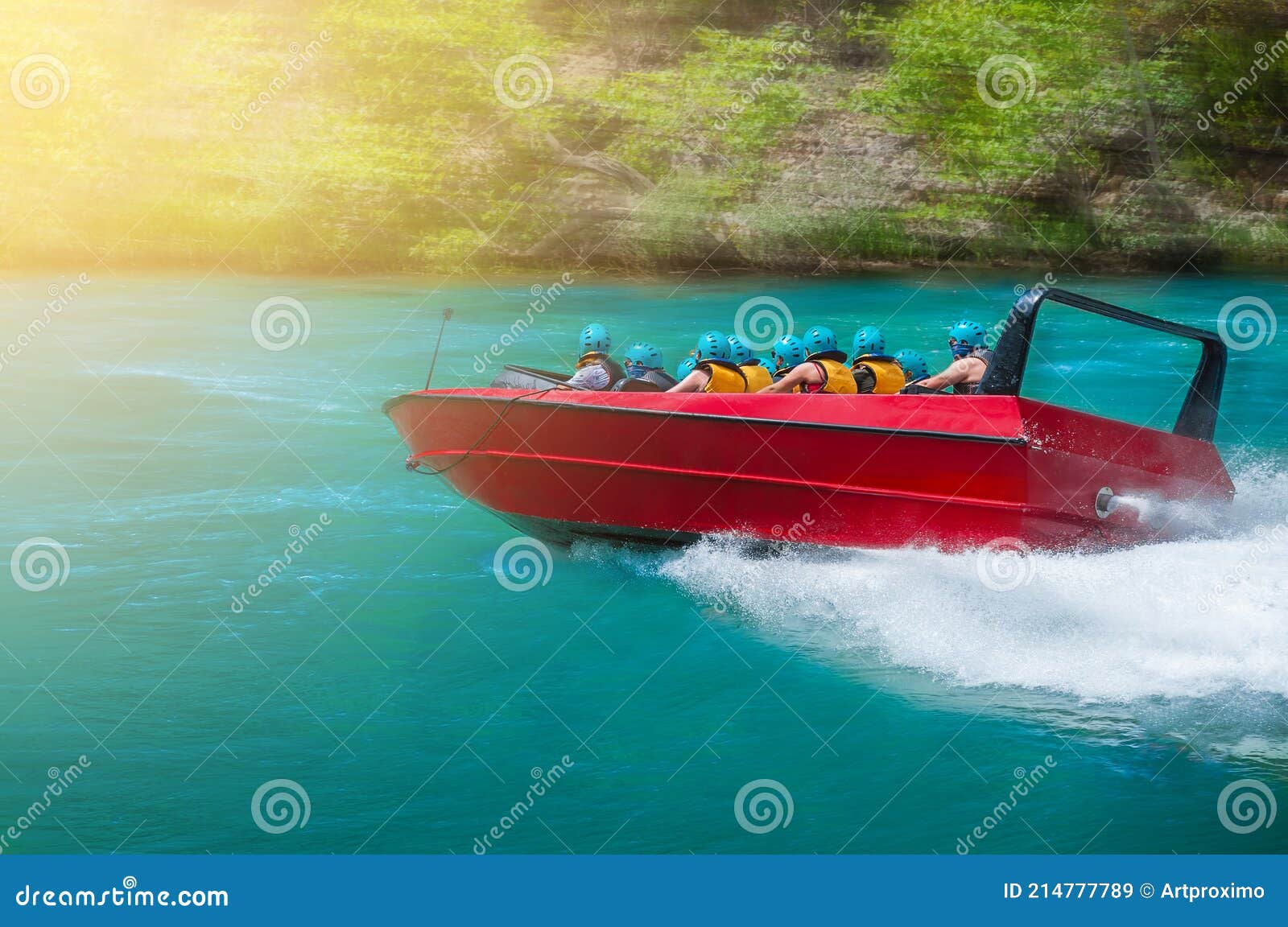 Riding People on a Speedboat on a River at High Speed. Motion Blur ...