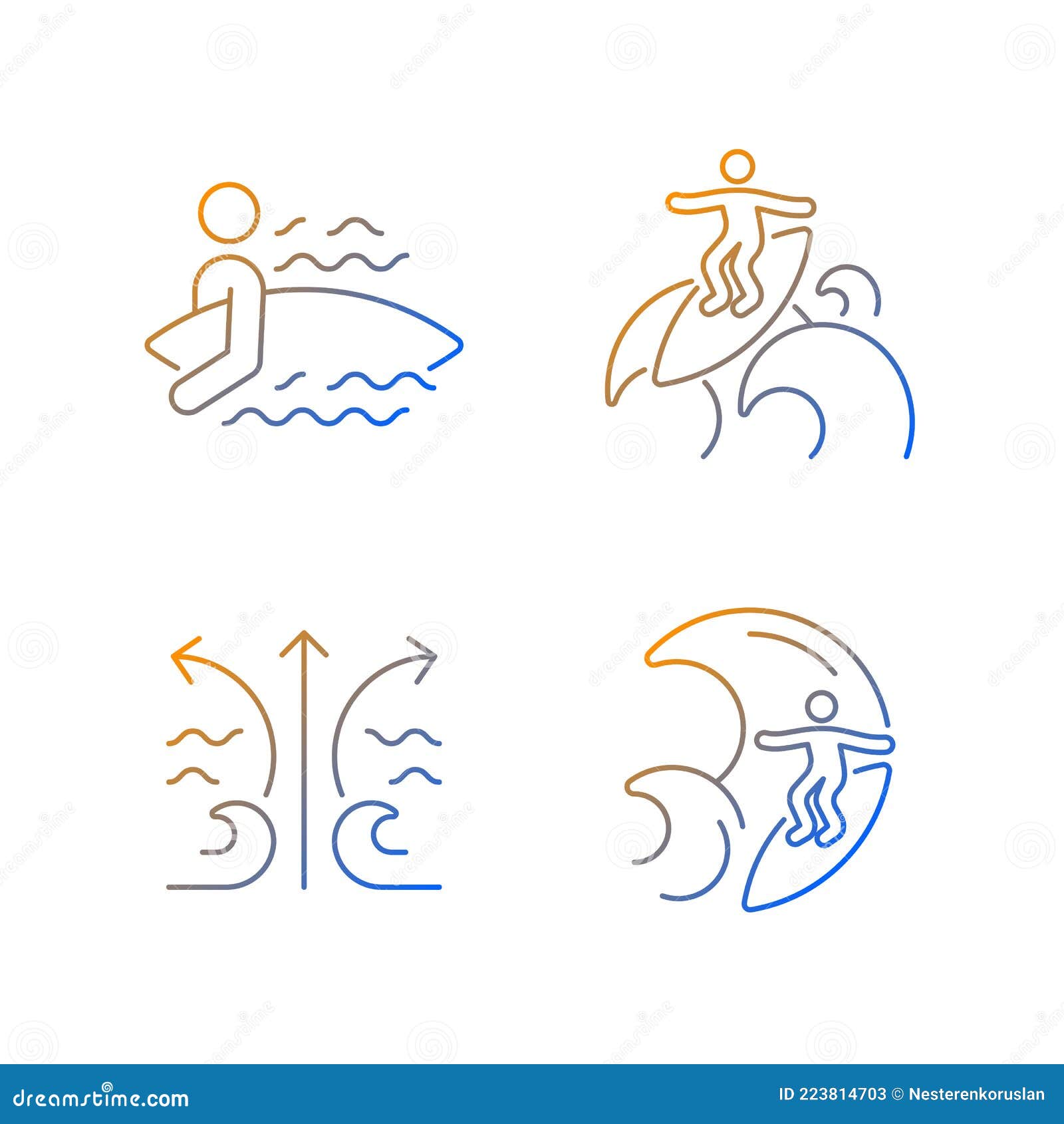 Riding Wave Using Board Gradient Linear Vector Icons Set Stock Vector ...