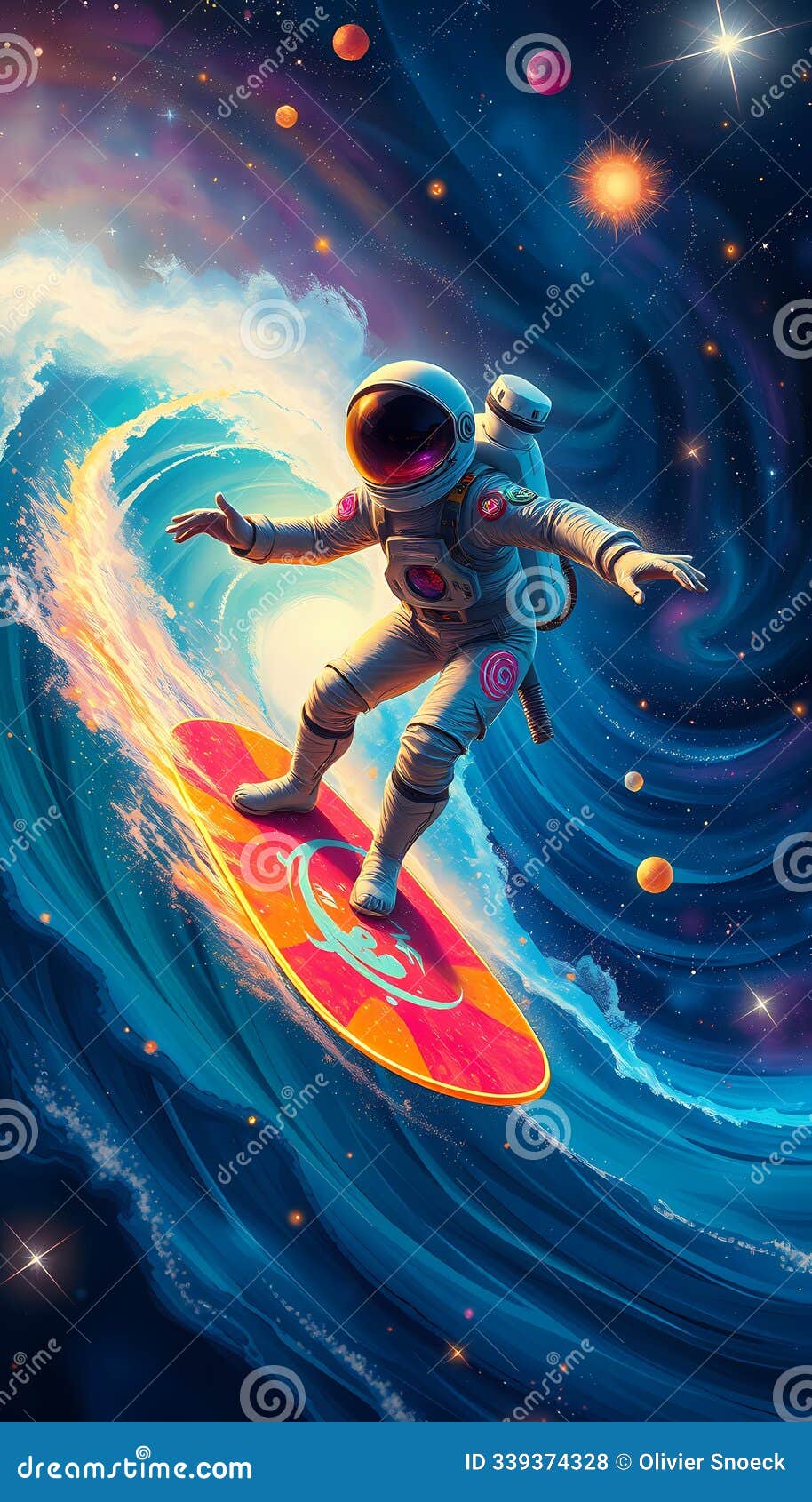 Riding the Waves of a Celestial Tsunami Stock Illustration - Illustration of riding, poster ...