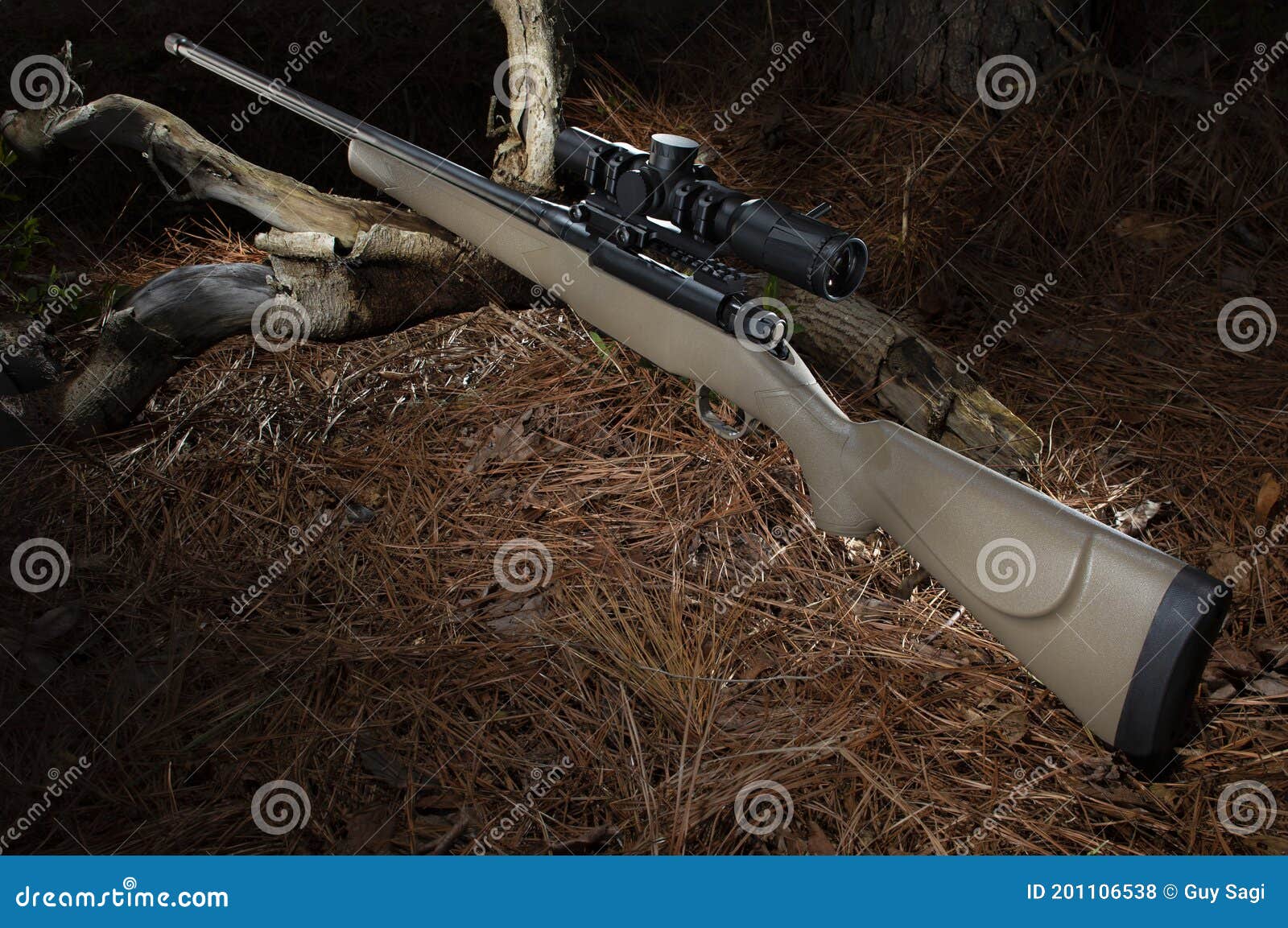 Rifle in the forest stock photo. Image of weapon, gray - 201106538