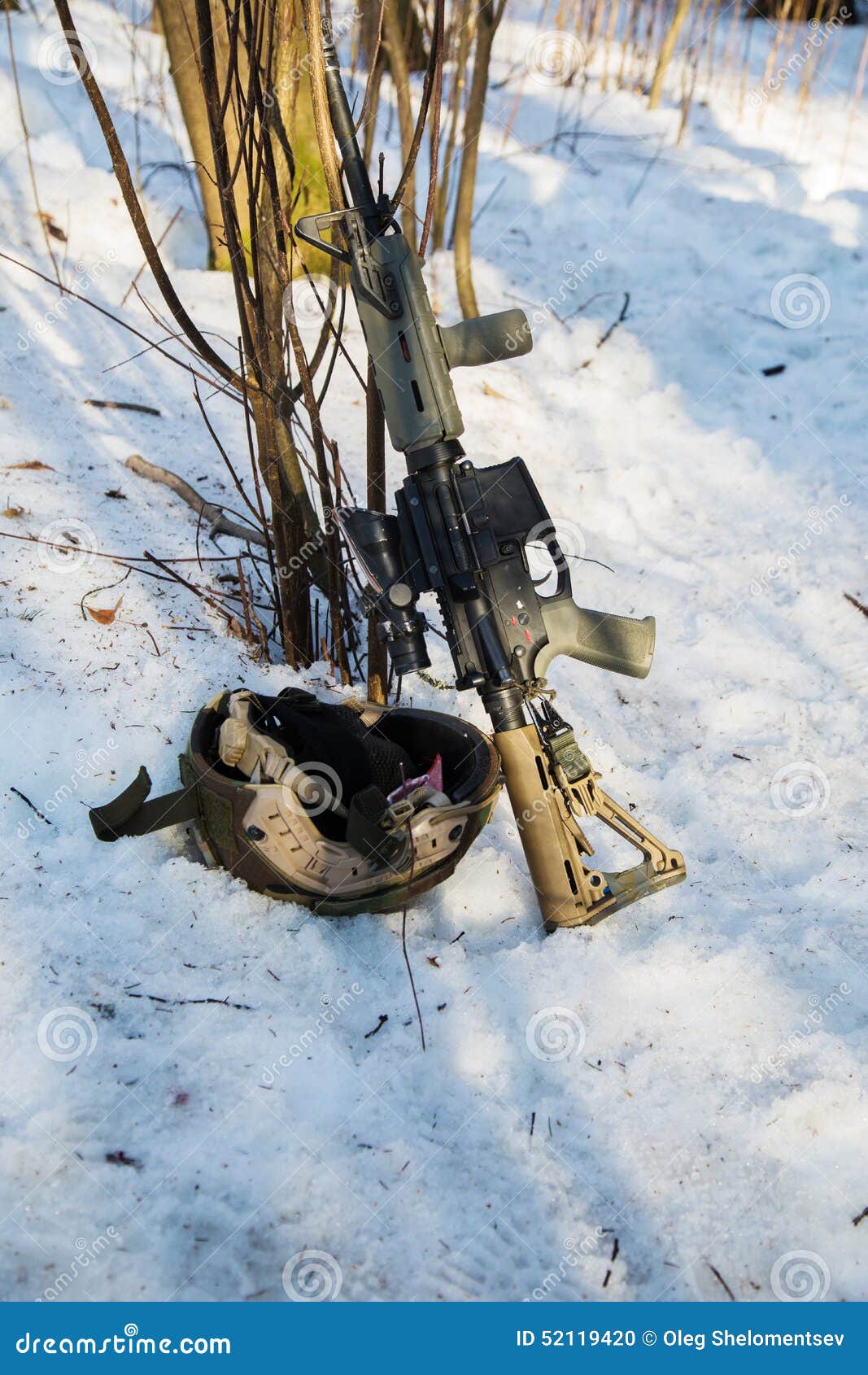 Rifle with helmet stock photo. Image of automatic, weapons - 52119420