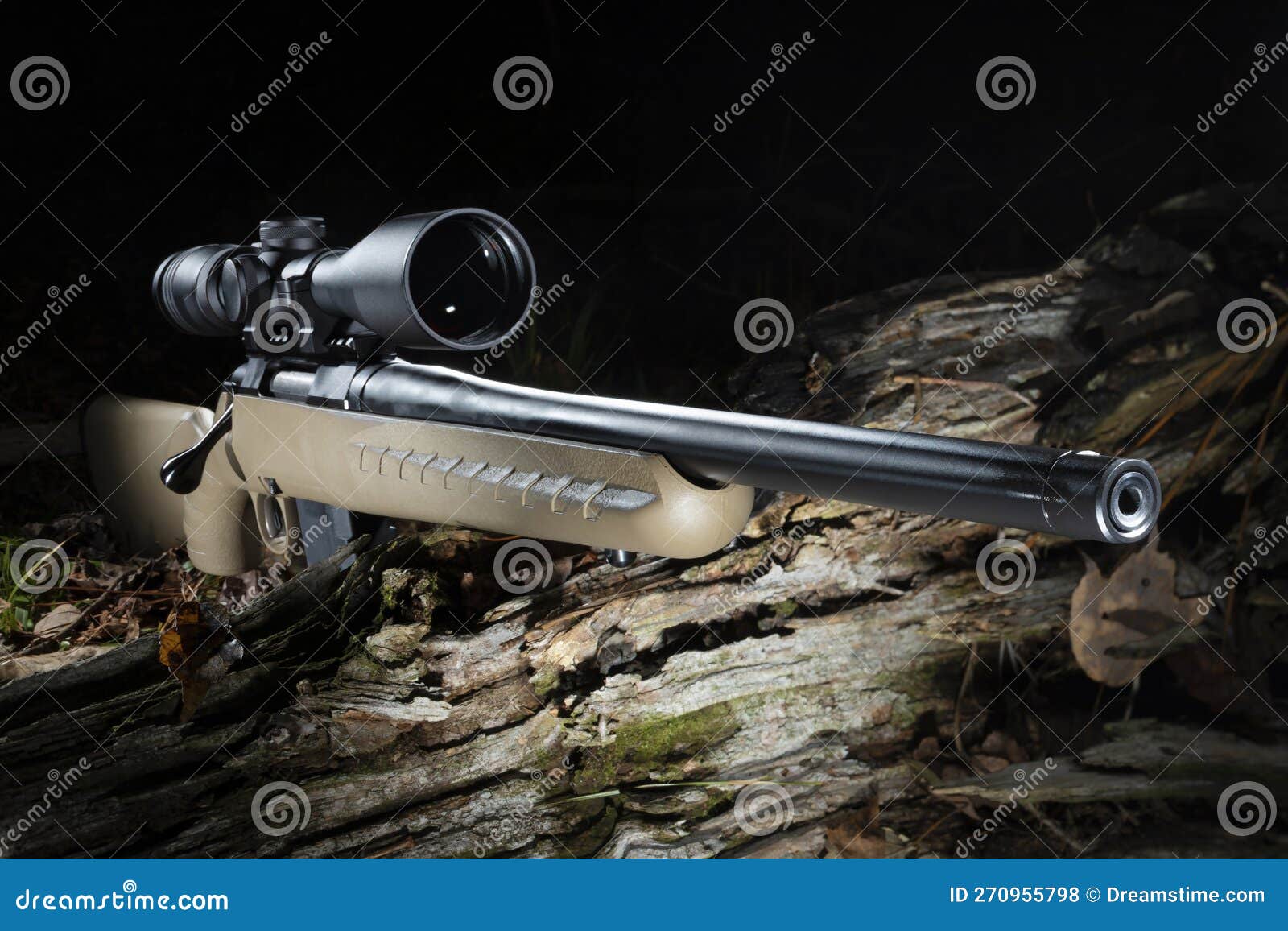 Rifle with High Powered Scope in the Forest Stock Photo - Image of ...