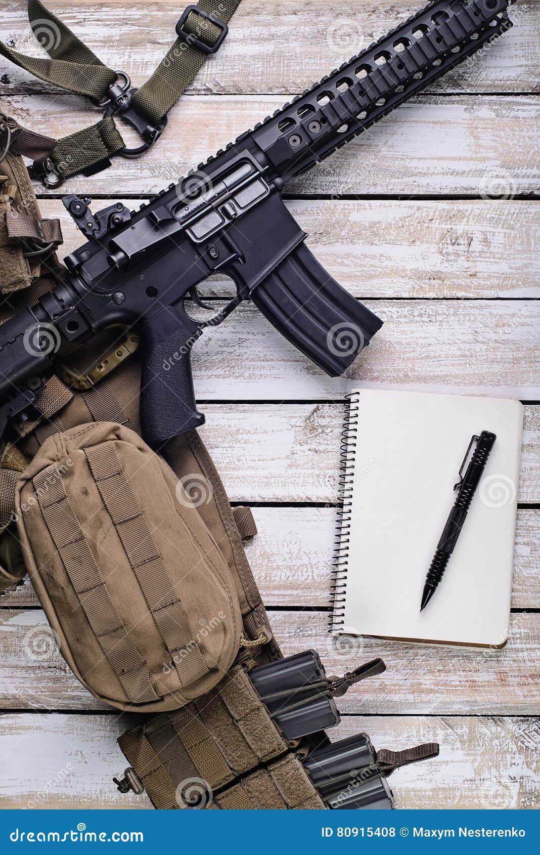 Rifle and Notebook on Table.Top View Stock Photo - Image of space ...