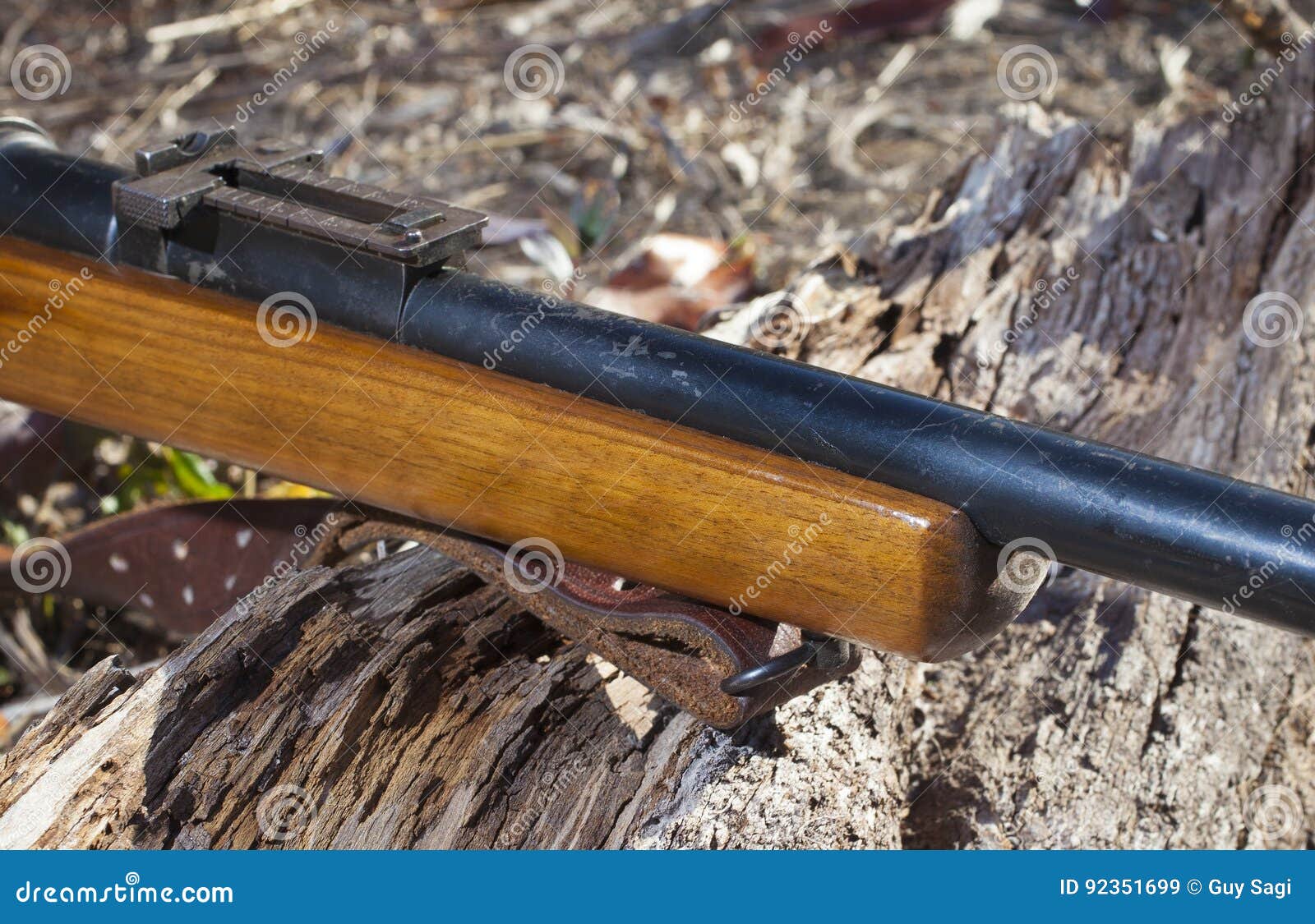 Rifle resting on a log stock image. Image of brown, steel - 92351699