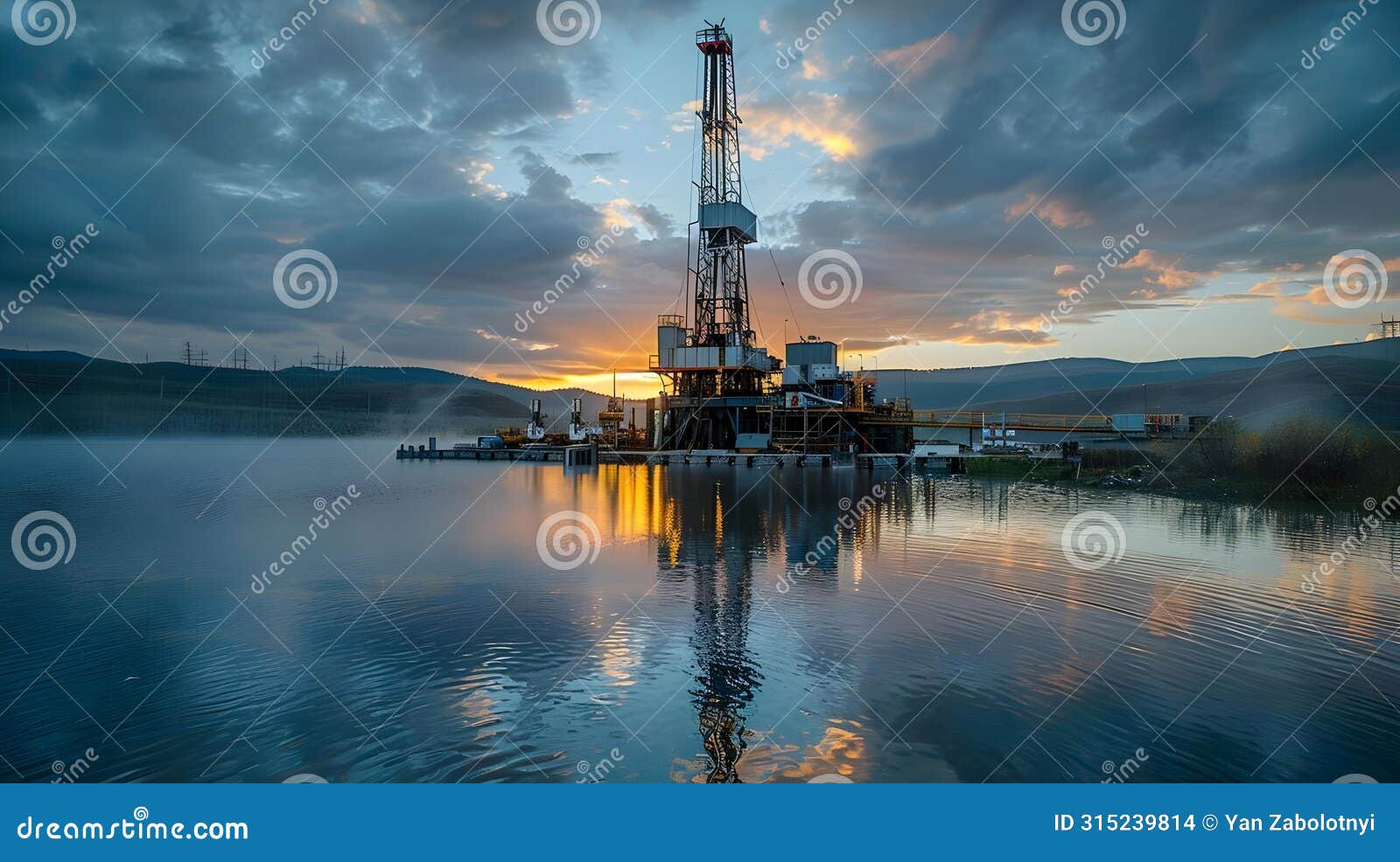 Rig Silhouette At Sunset: The Pulse Of Industrial Prowess. Concept ...