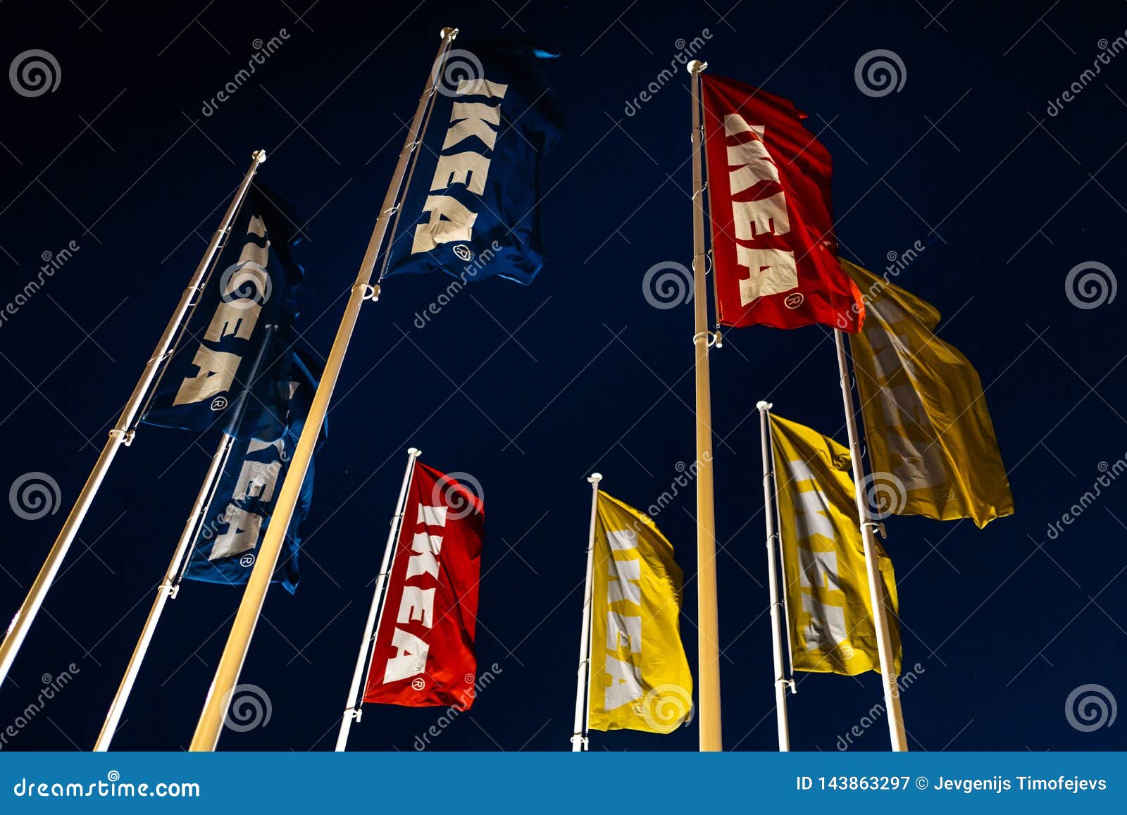 RIGA, LATVIA - APRIL 3, 2019: IKEA Flags during Dark Evening and Wind ... RIGA, LATVIA - APRIL 3, 2019: IKEA Flags during Dark Evening and Wind ...