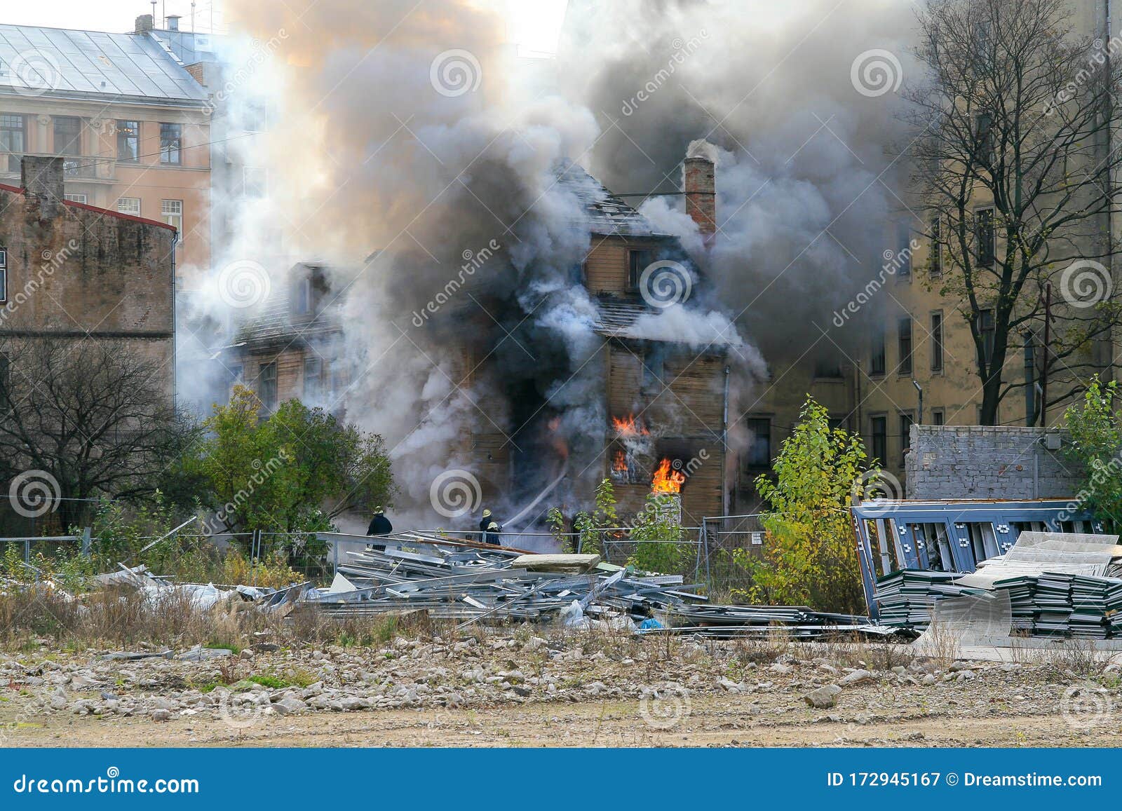 Riga, October, 2007, an Old Timber Building on Fire Editorial ...