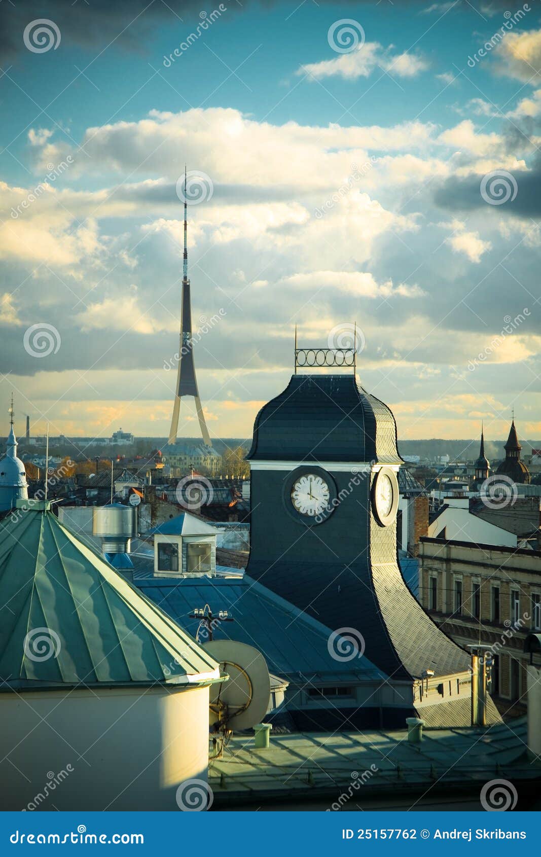 Riga rooftops, clock tower stock photo. Image of rooftop - 25157762