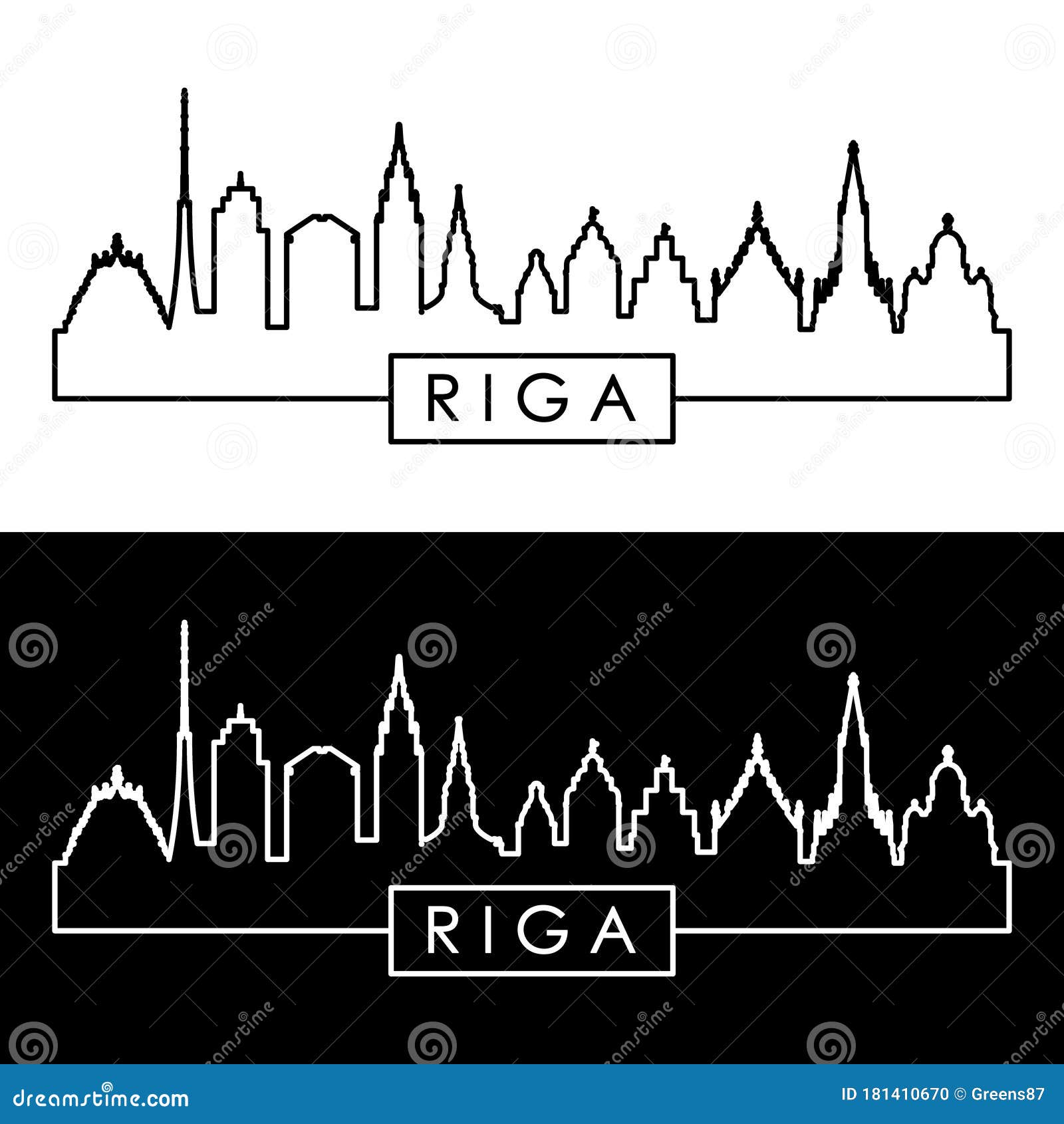 Riga skyline. Linear style stock vector. Illustration of exterior ...