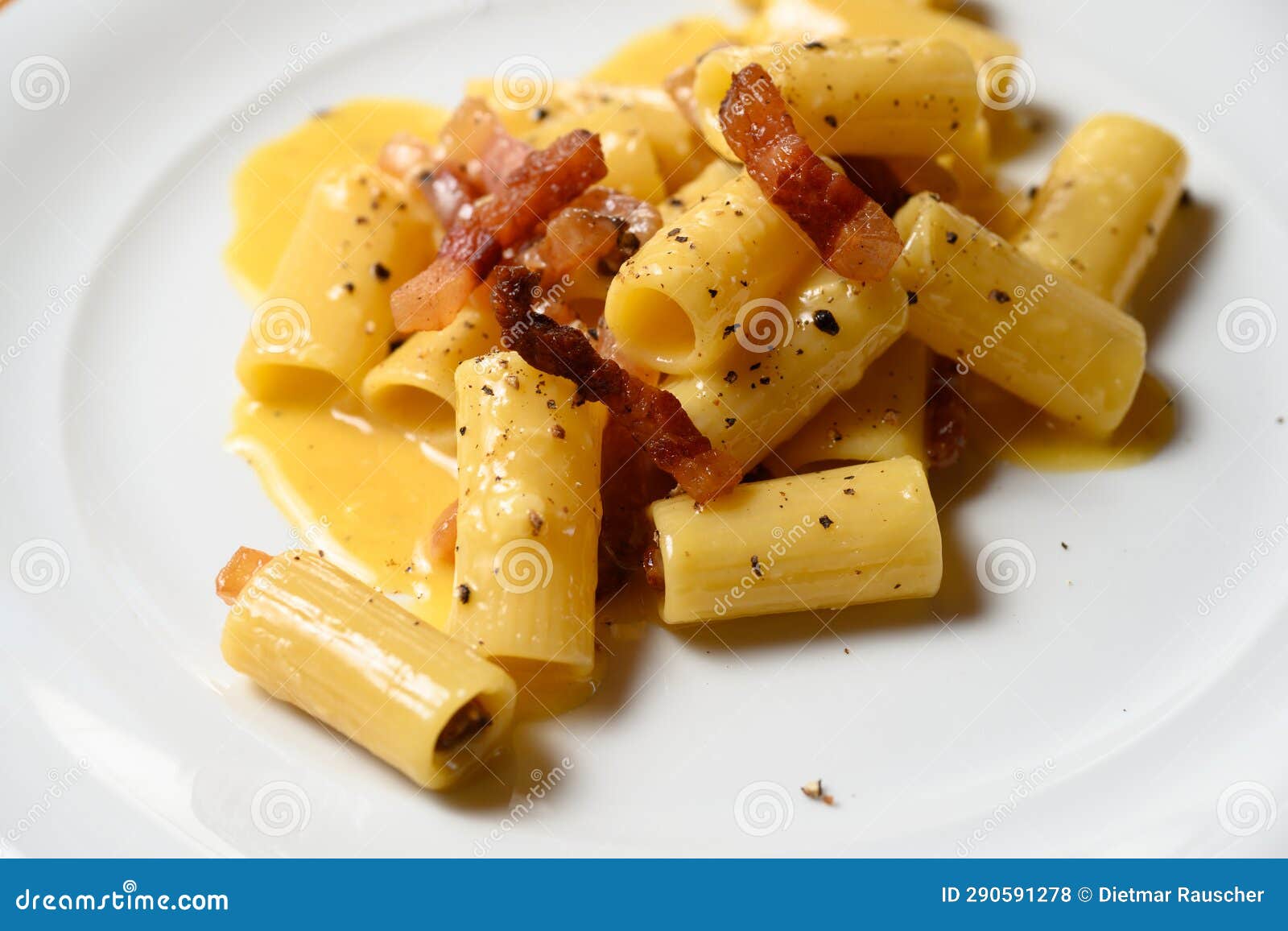 Rigatoni Carbonara Pasta Roman Style Stock Photo - Image of parmigiano ...