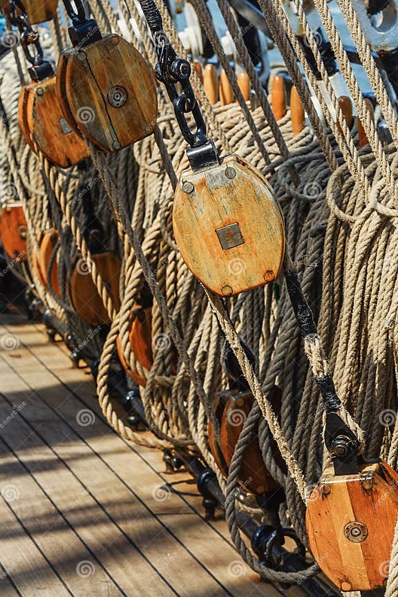 The Rigging of a Sailing Ship Consisting of Ropes and Pulleys Stock ...