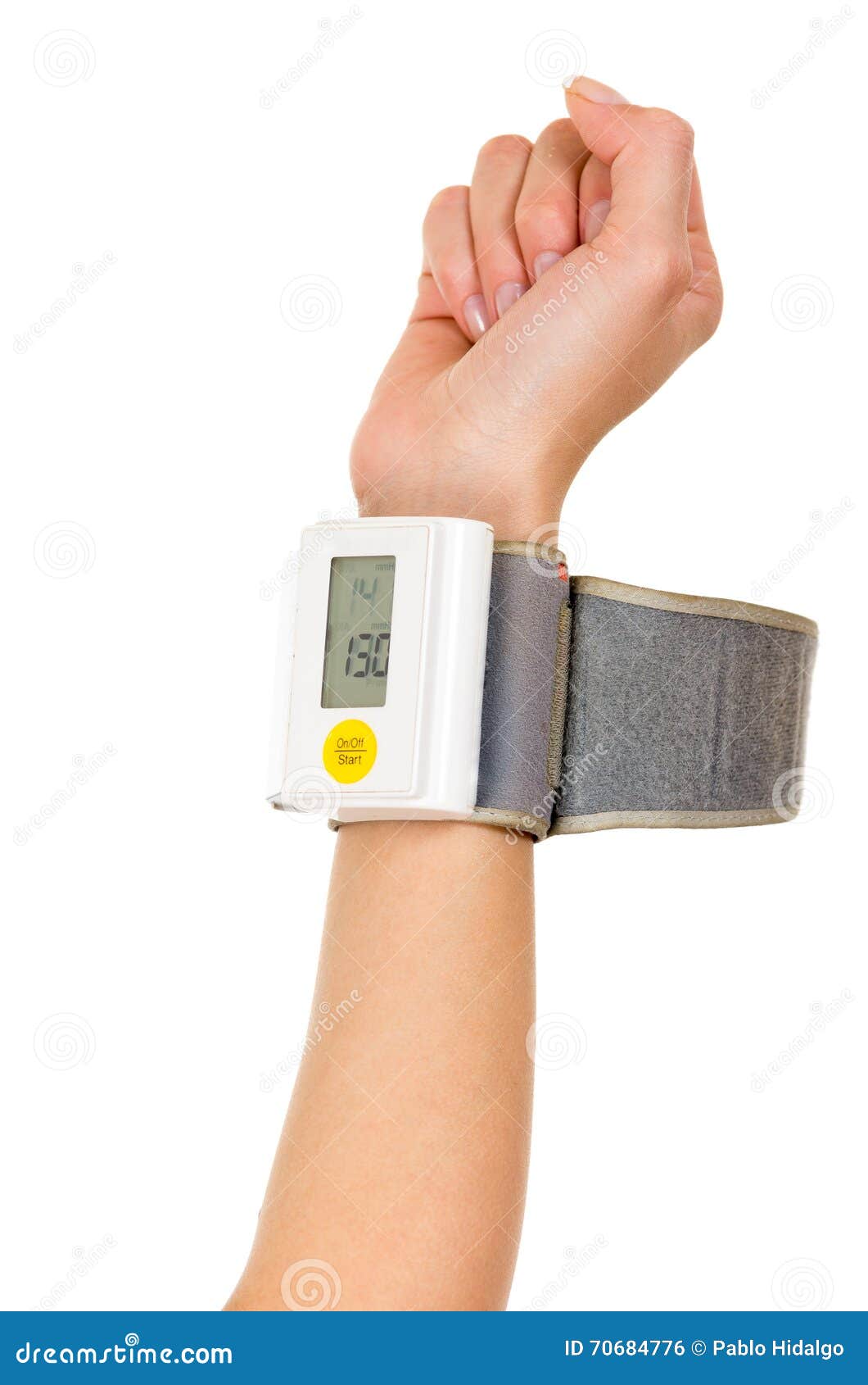 Right Arm Vertically Wearing Glucose Meter Around Wrist with White ...