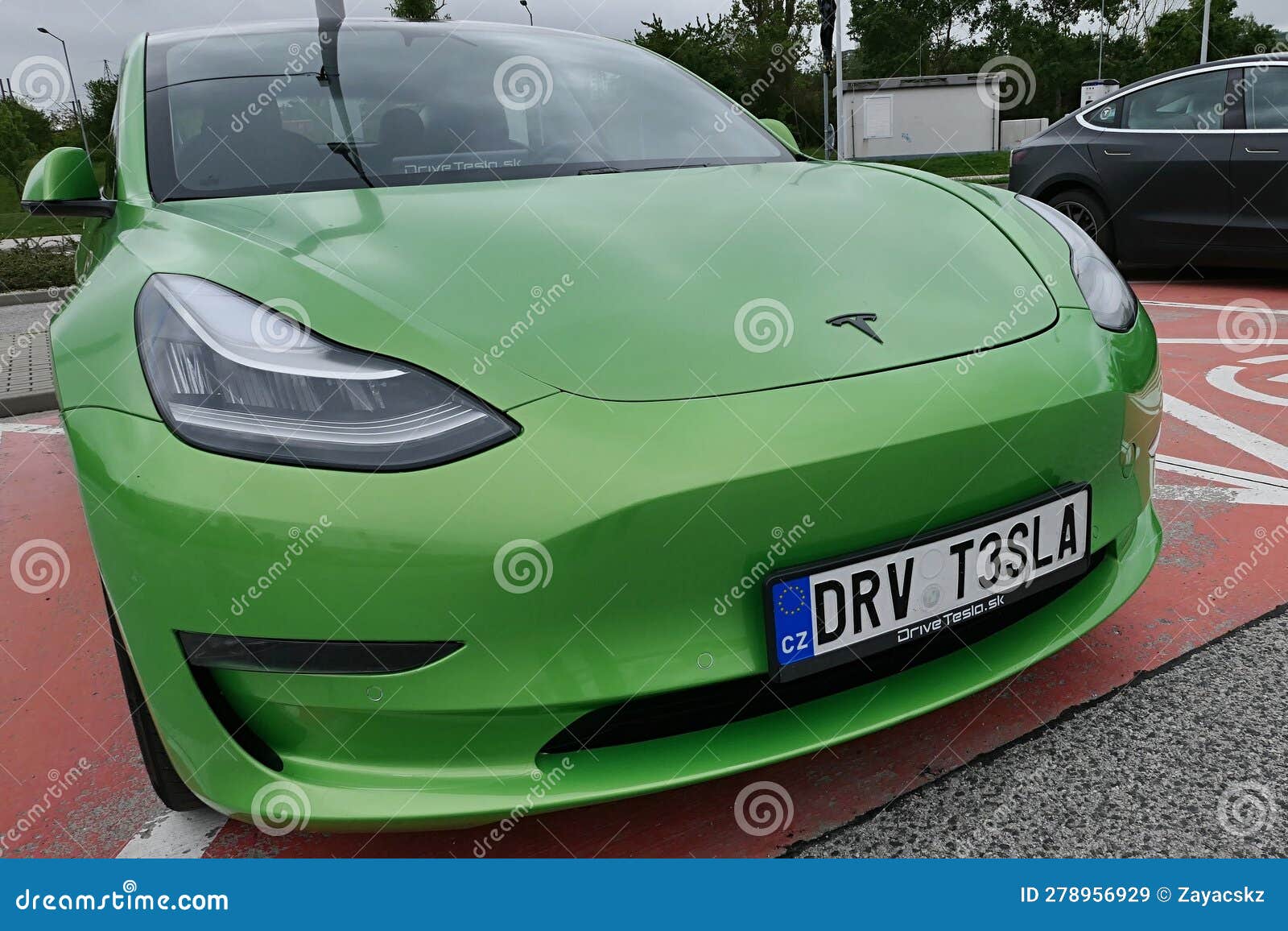 Right Front View of Front Mask of Modern Compact Electric Sedan Tesla 3 ...