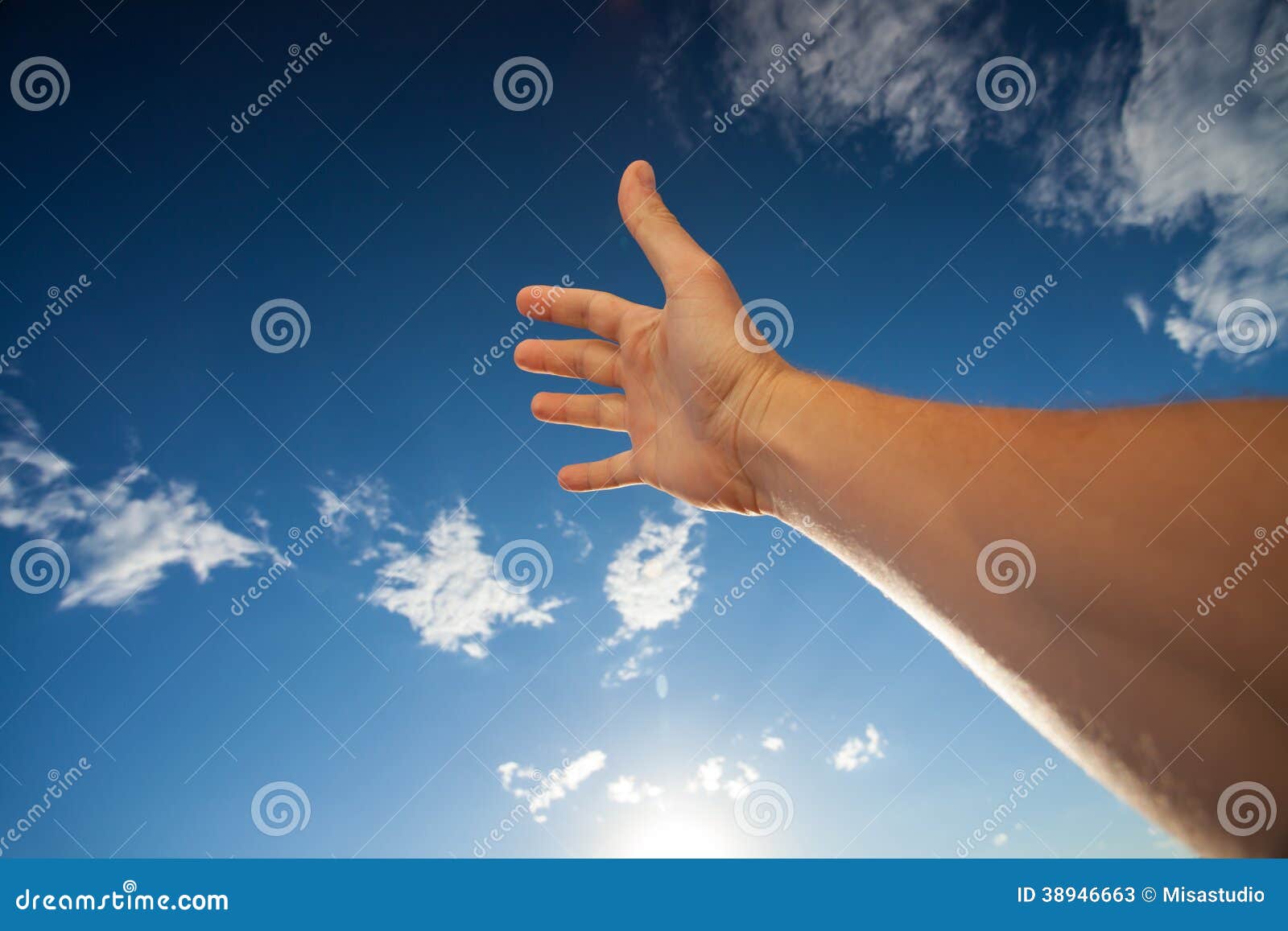 Right Hand Touching the Blue Sky with Clouds Stock Image - Image of ...