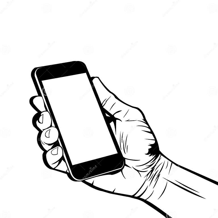 Black And White Illustration Of Right Handed Men Holding Phone Stock