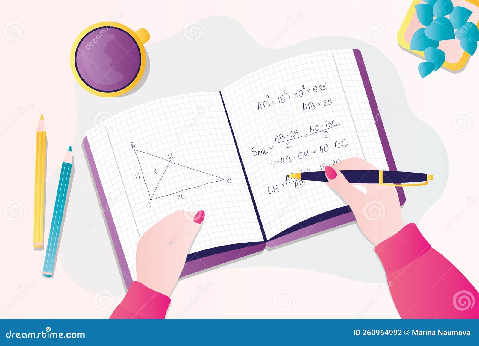 Right Triangle and Solution To Problem in Notebook. Girl Solves ...