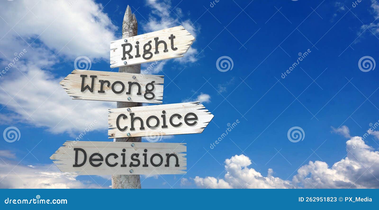 Right, Wrong, Choice, Decision - Wooden Signpost with Four Arrows Stock ...