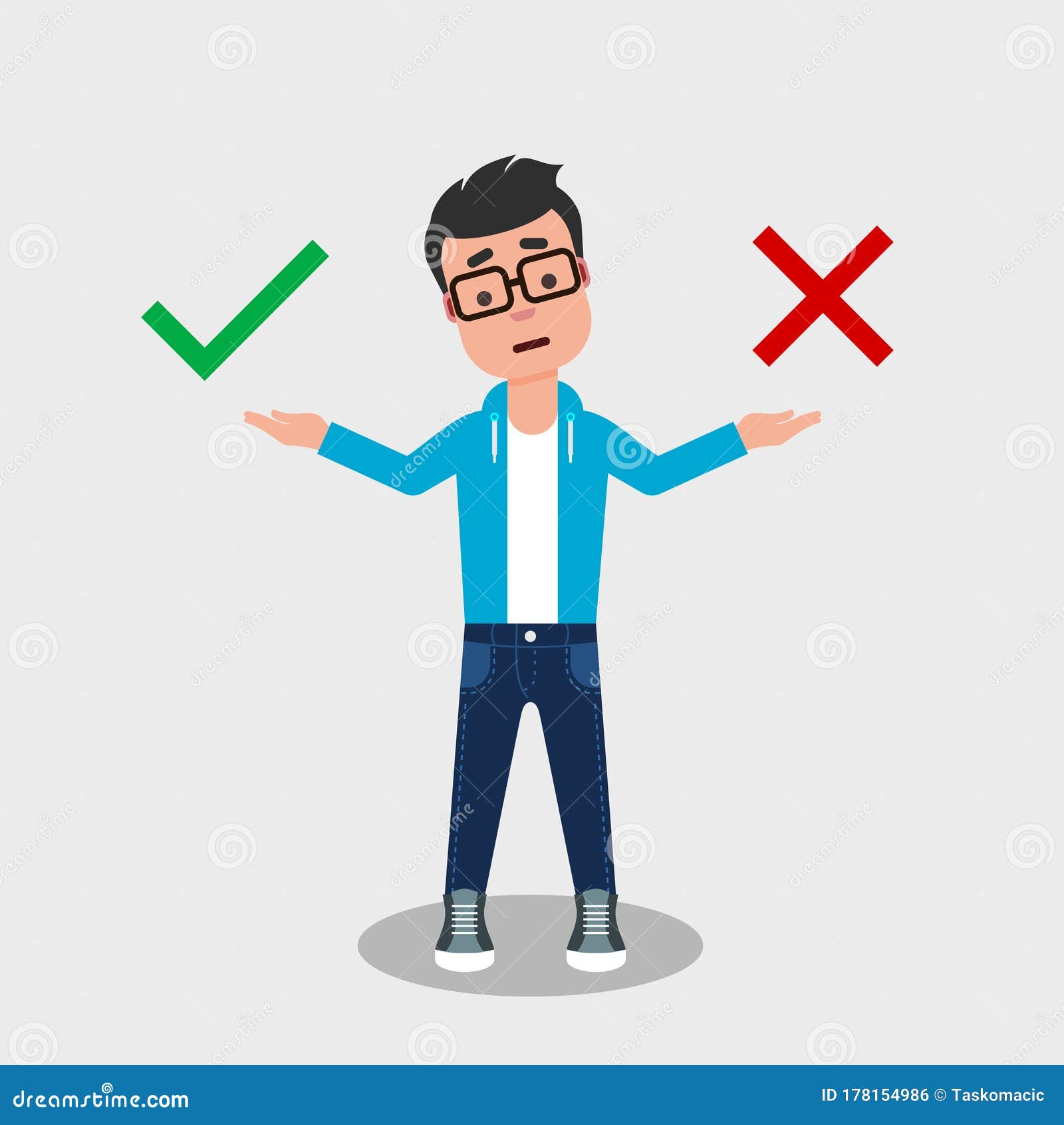 Right or Wrong Choice. Young Man in Jeans and Sweatshirt, Making ... Right or Wrong Choice. Young Man in Jeans and Sweatshirt, Making ...