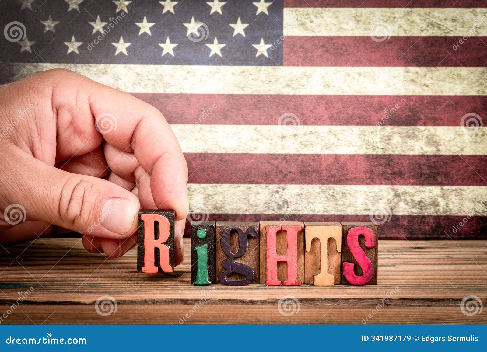 RIGHTS. Colorful Letters of the Alphabet on a Wooden Texture Table ...