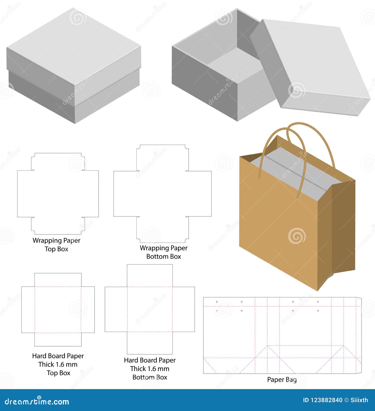 Rigid Box and Paper Bag Set Mockup with Dieline Stock Vector ...