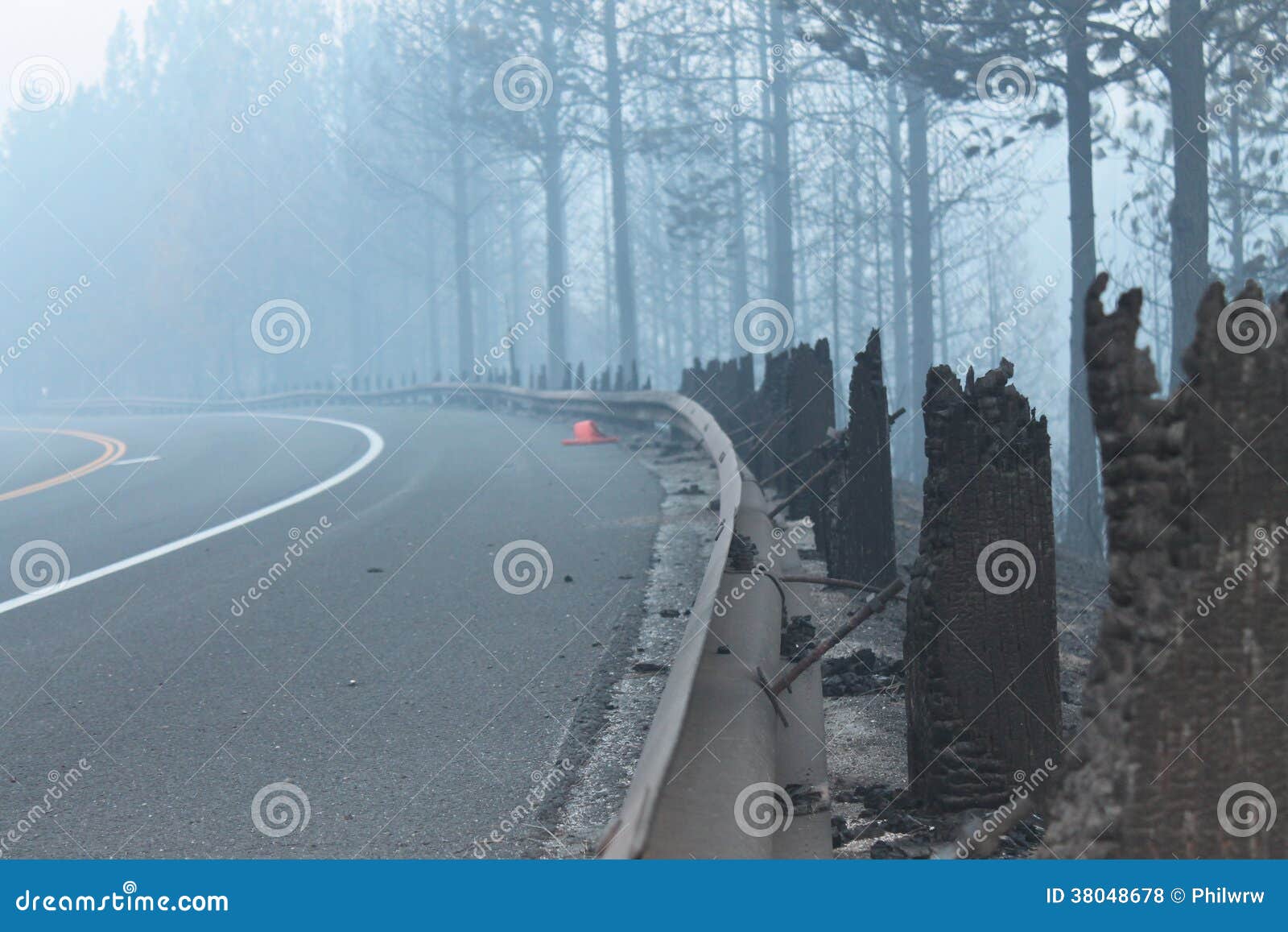 The Rim Fire in Yosemite ~ 2013 ~ Burnt Road Railing Stock Photo ...