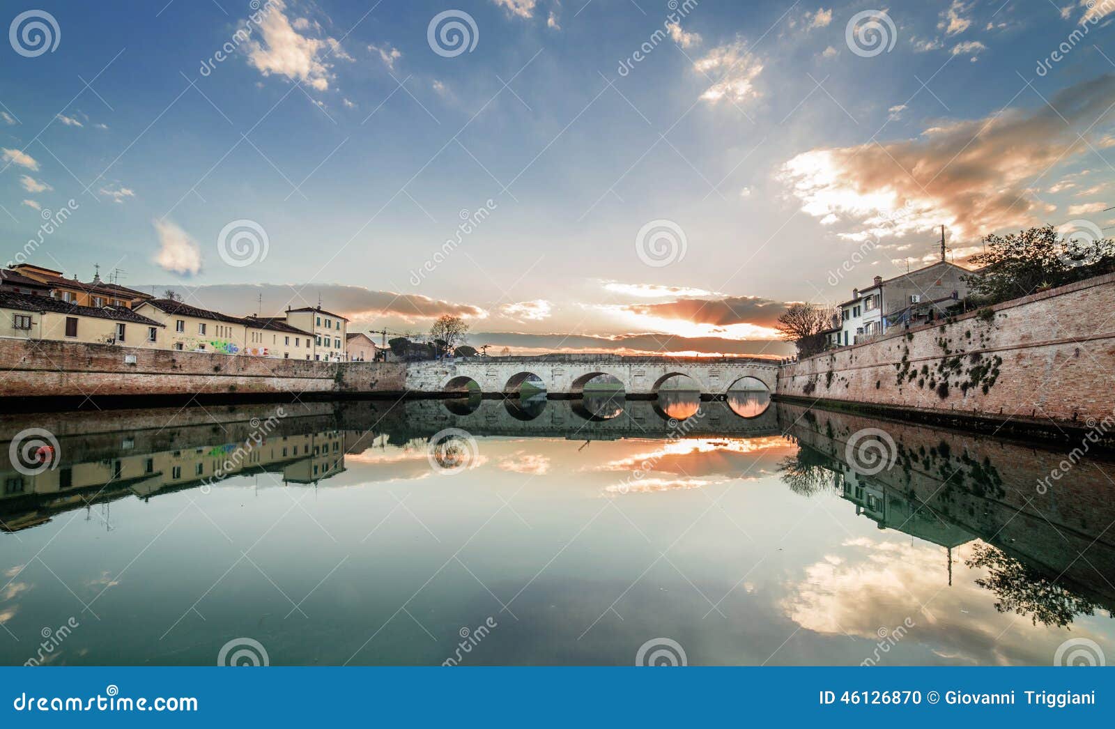 Rimini Sunset on Tiberius Bridge. Twilight. Stock Photo - Image of ...