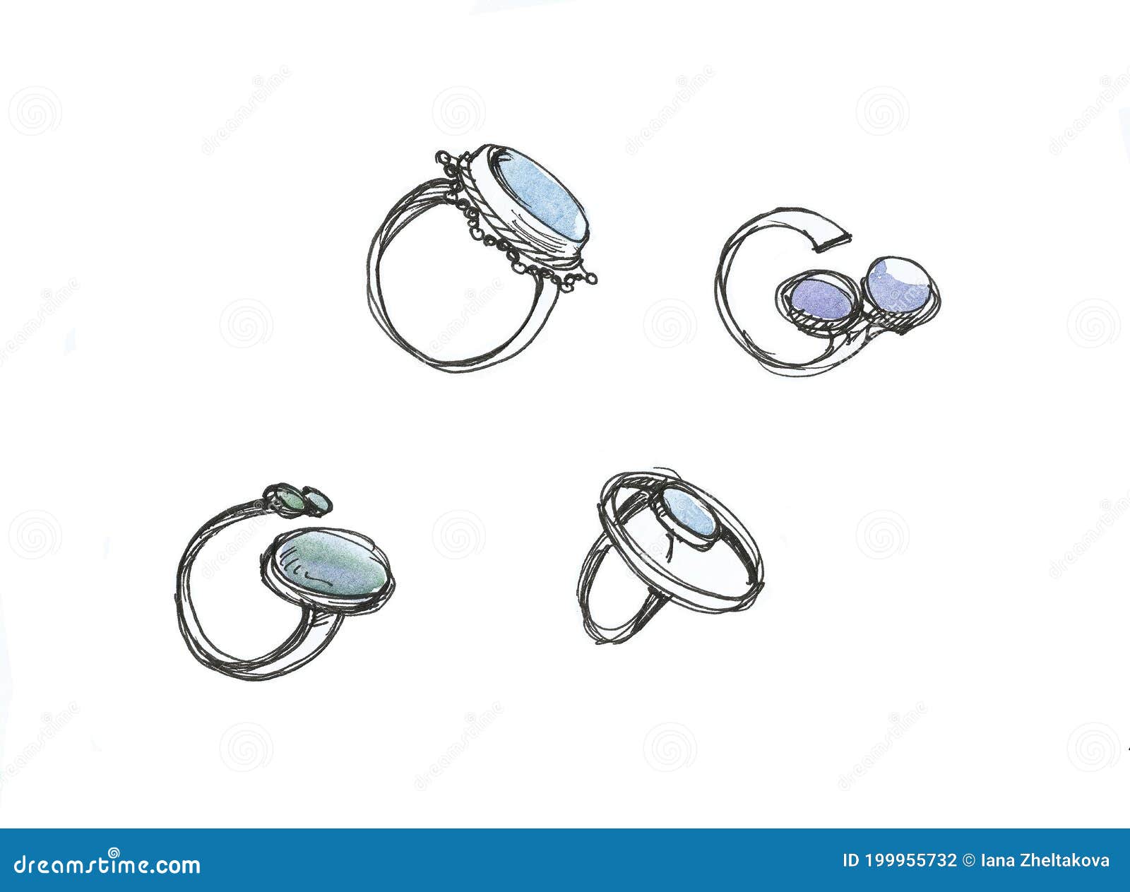 Ring with Big Different Stone. SET. Sketch. Isolated on White ...