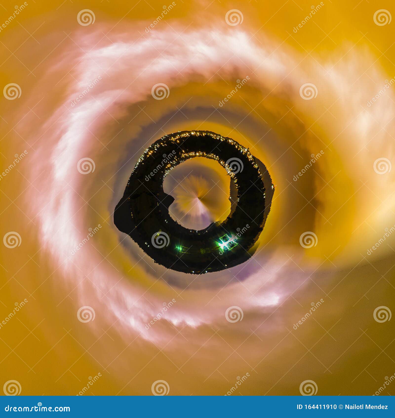 Ring-shaped Miniature Planet of a City at Night and Thunderstorm Clouds ...