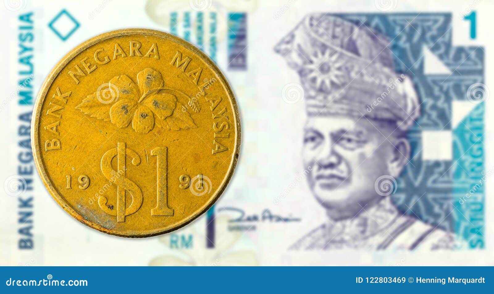 1 Ringgit Coin Against 1 Malaysian Ringgit Bank Note Obverse Stock ...