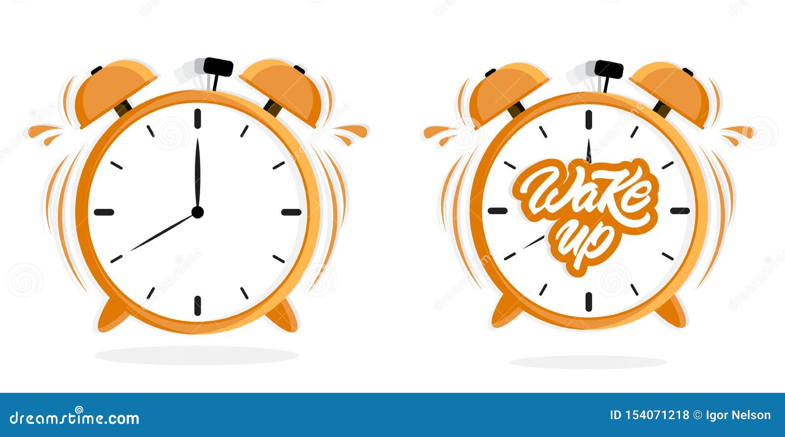 Ringing Clock. Alarm Clock with Wake Up Text in Lettering Style. Vector ...