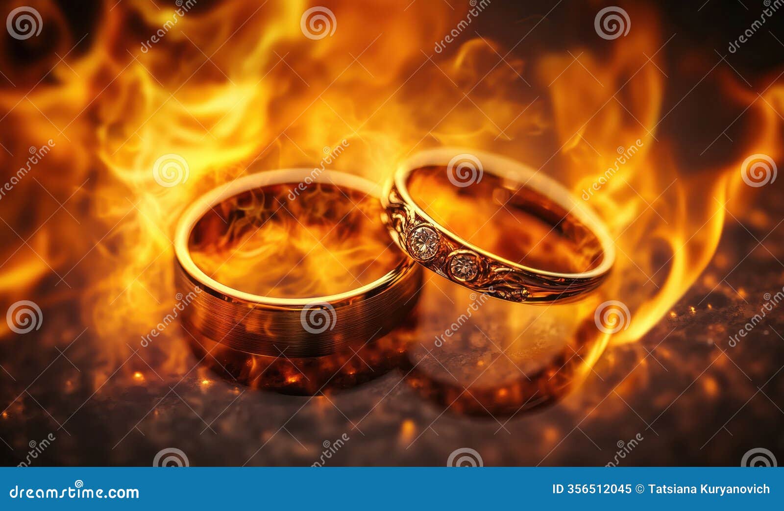 Rings Engulfed in Flames, Symbolizing Passion and Commitment. Two Gold ...