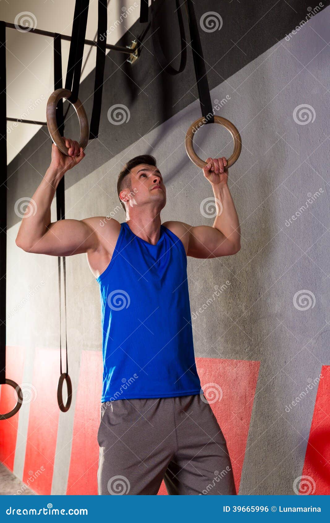 Rings Workout Man at Gym Hanging Stock Photo - Image of male, athletic ...