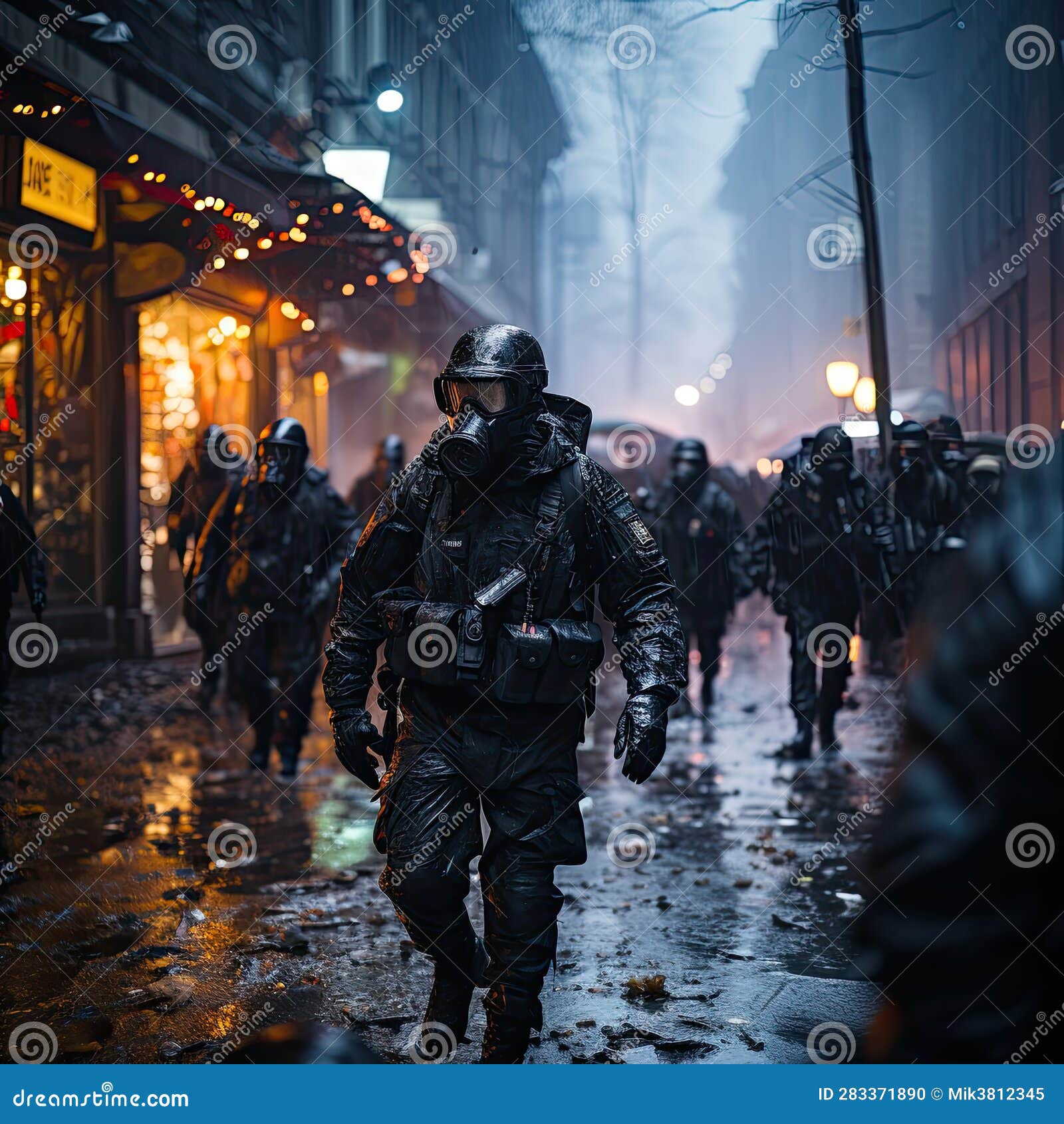Riot scene in the city. stock illustration. Illustration of police ...