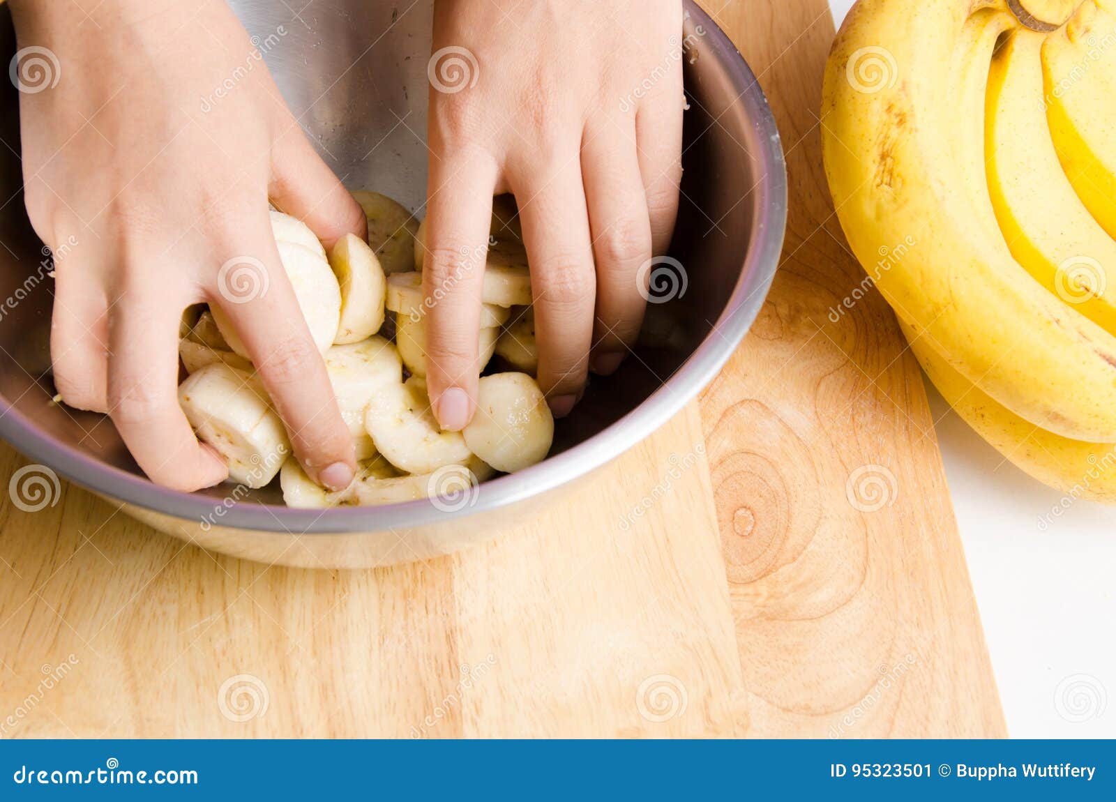 Ripe banana mashed by hand stock image. Image of food - 95323501